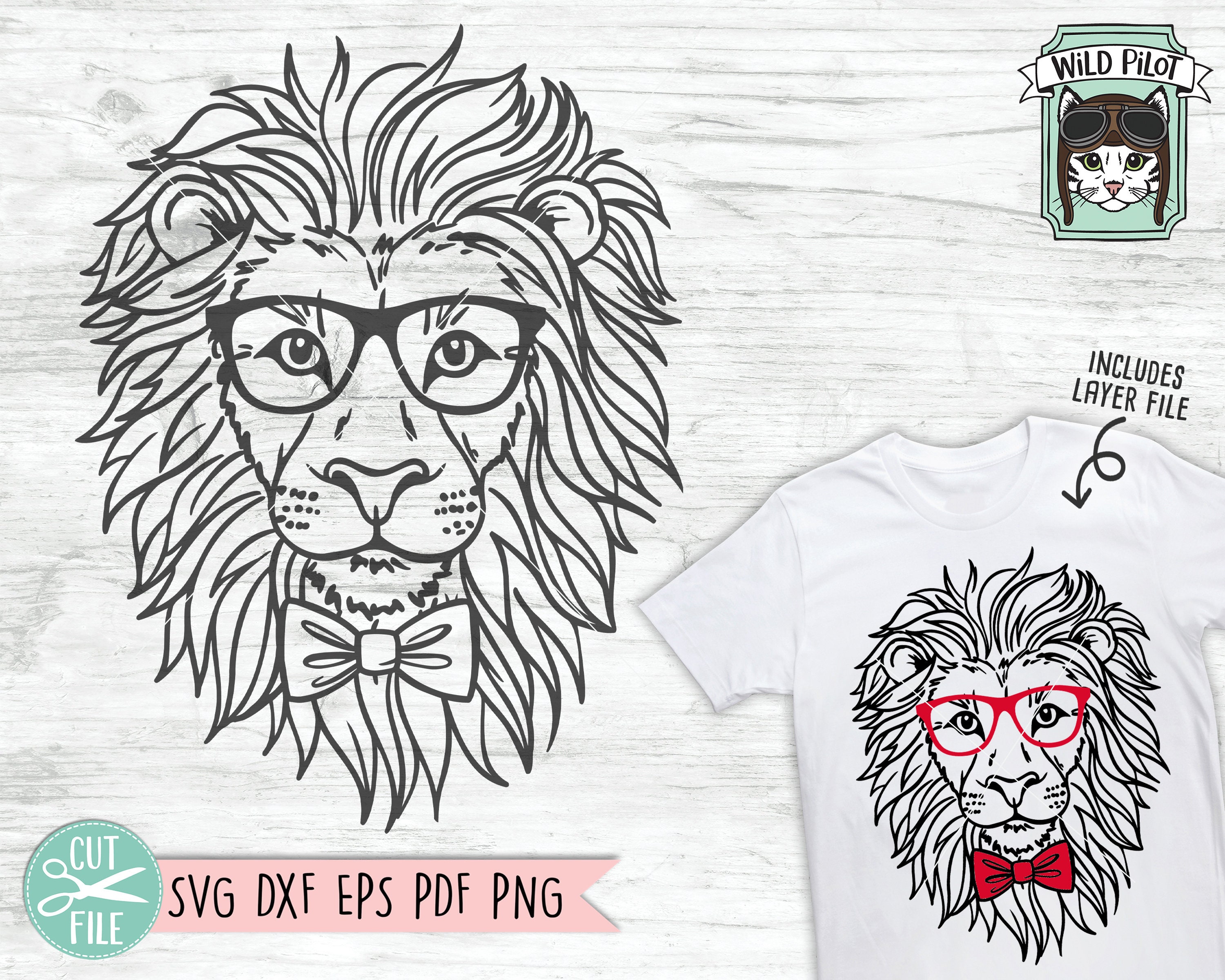 Lion Svg File, Lion With Glasses Bowtie Svg, Lion Cut File, Animal Face ...