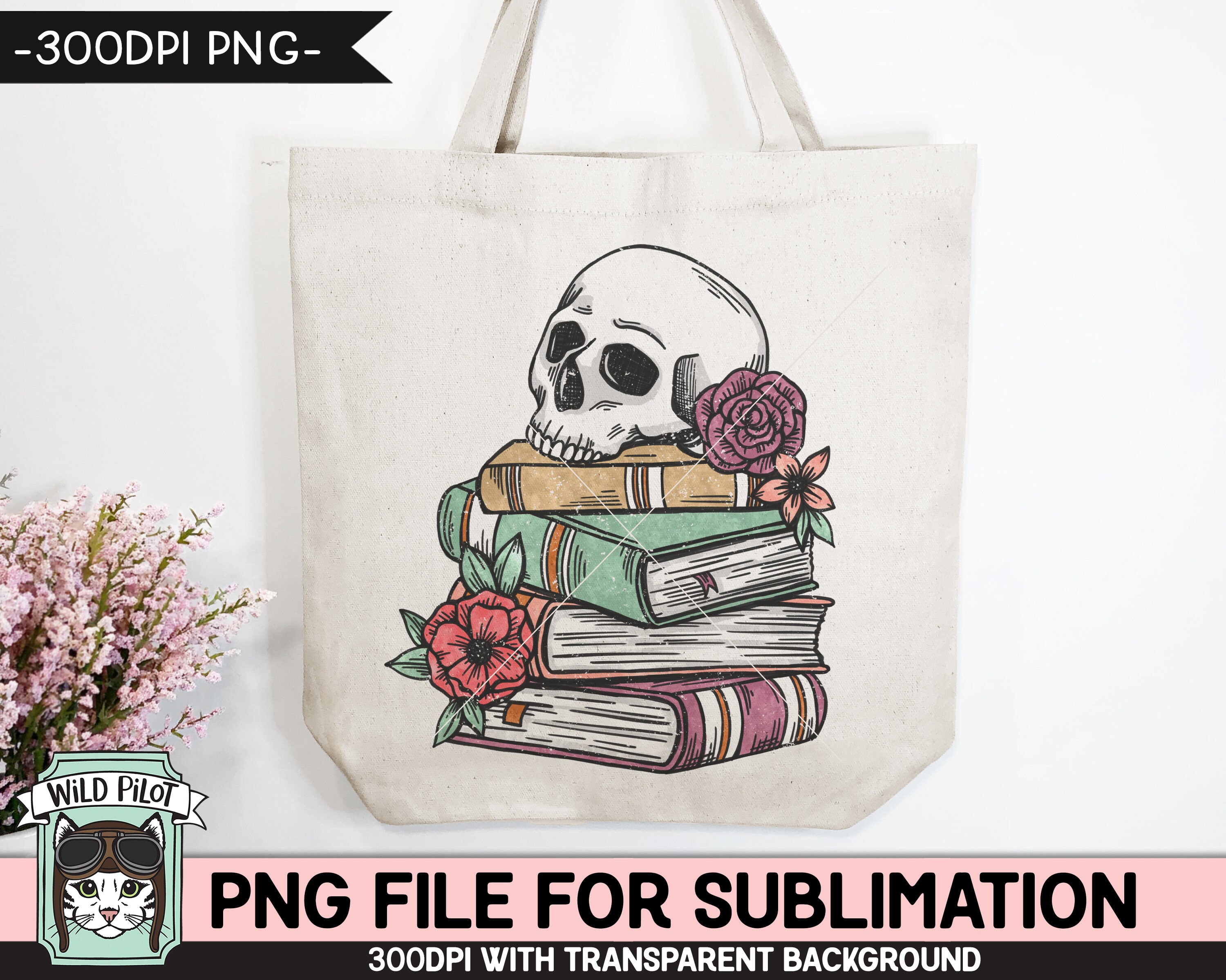 Book Lover SUBLIMATION Design PNG File Floral Skull Books - Etsy