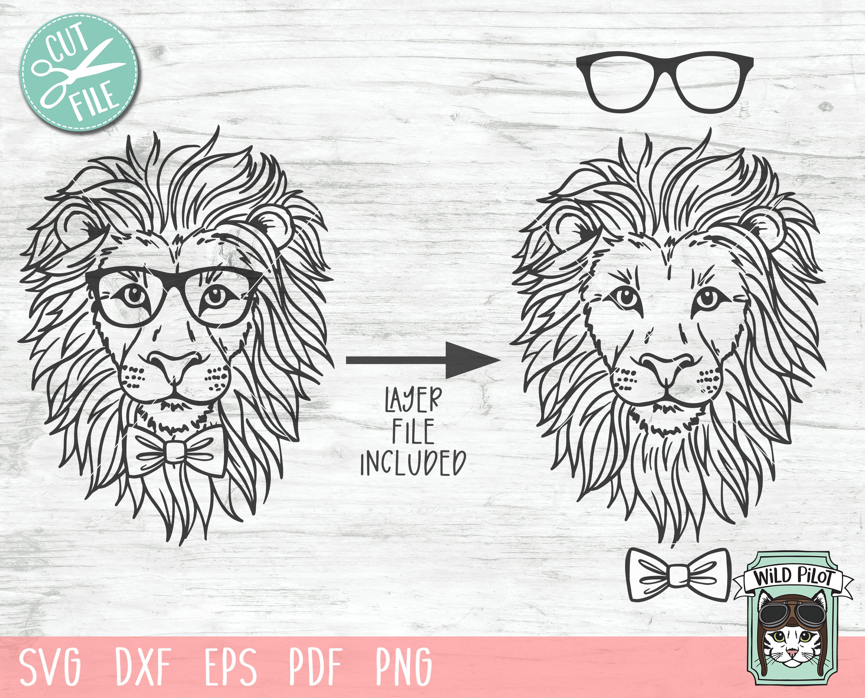 Lion Svg File, Lion With Glasses Bowtie Svg, Lion Cut File, Animal Face ...
