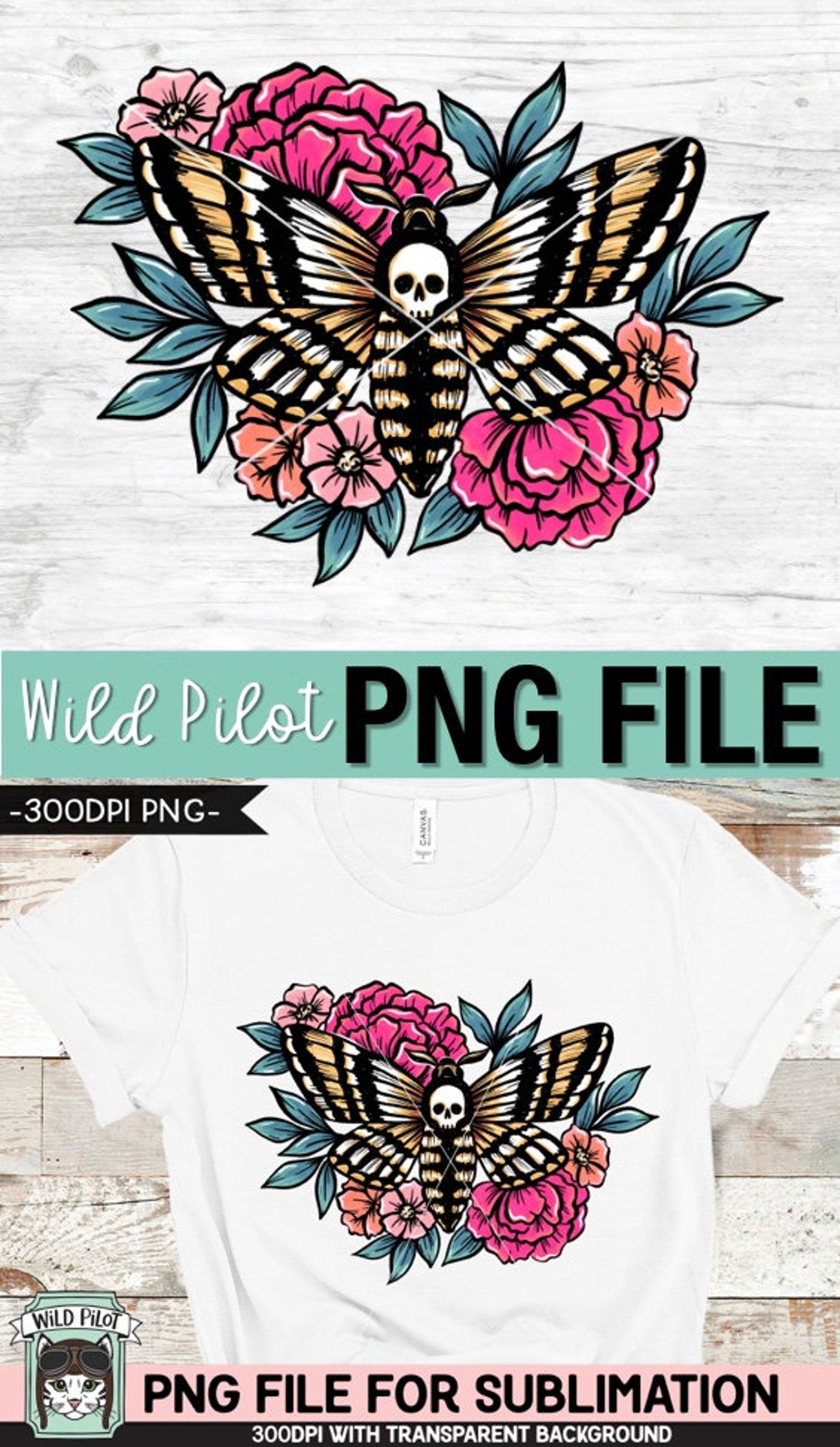 Floral Moth SUBLIMATION Design PNG Flower Skull Moth Png - Etsy