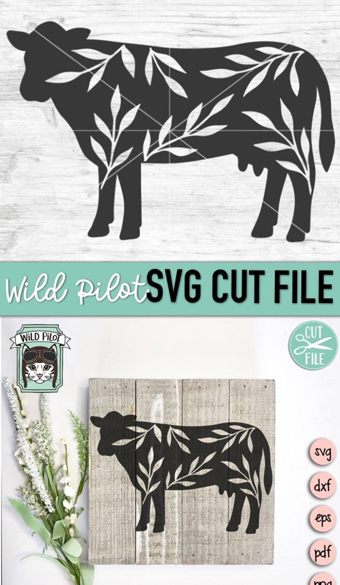 Cow SVG Cow Silhouette SVG Cow Cut File Cow Leaves SVG - Etsy