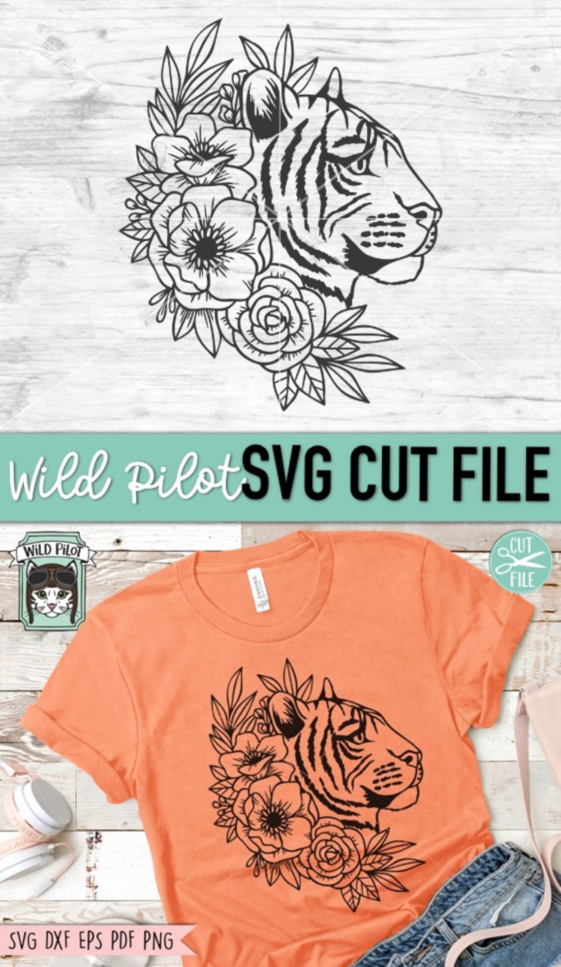 Tiger SVG File Tiger With Flowers SVG Floral Tiger Svg - Etsy