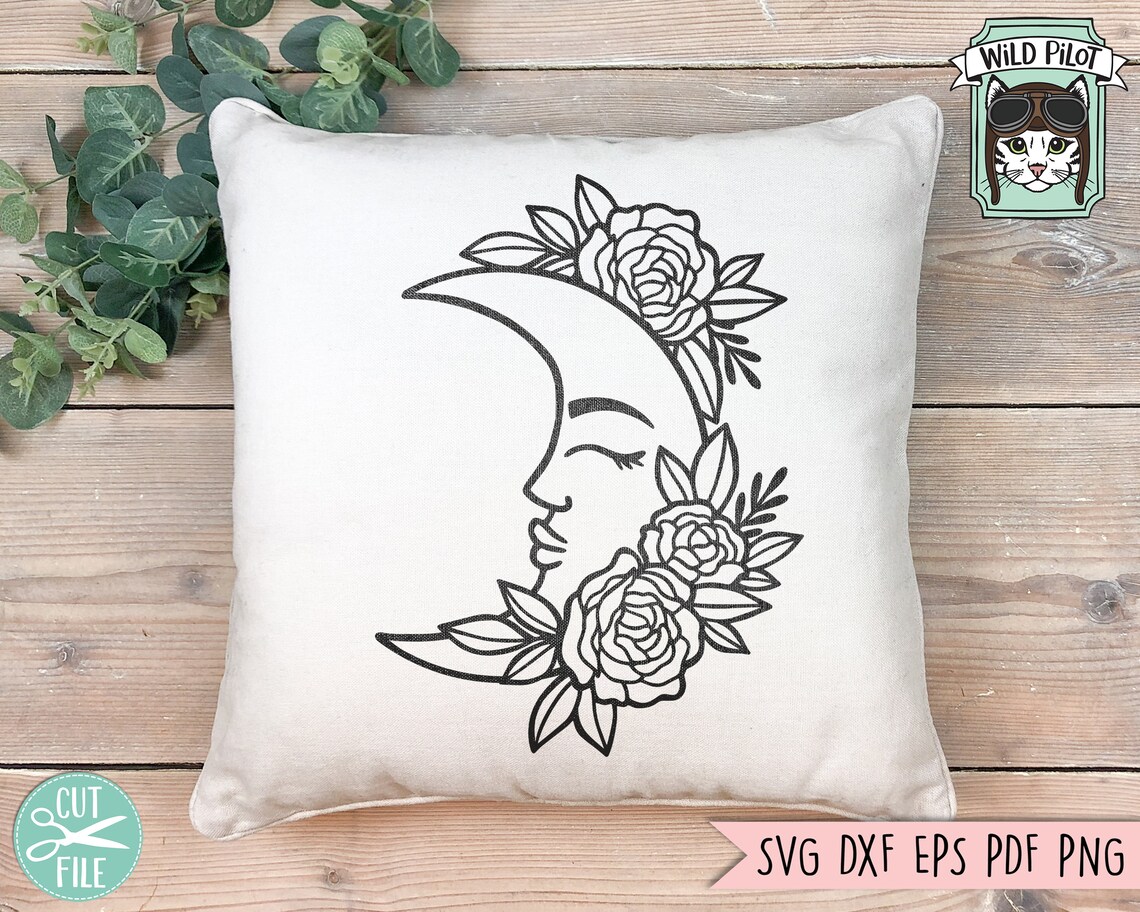 Moon Flowers Svg File, Moon Floral Svg, Man in the Moon Svg File, Moon ...