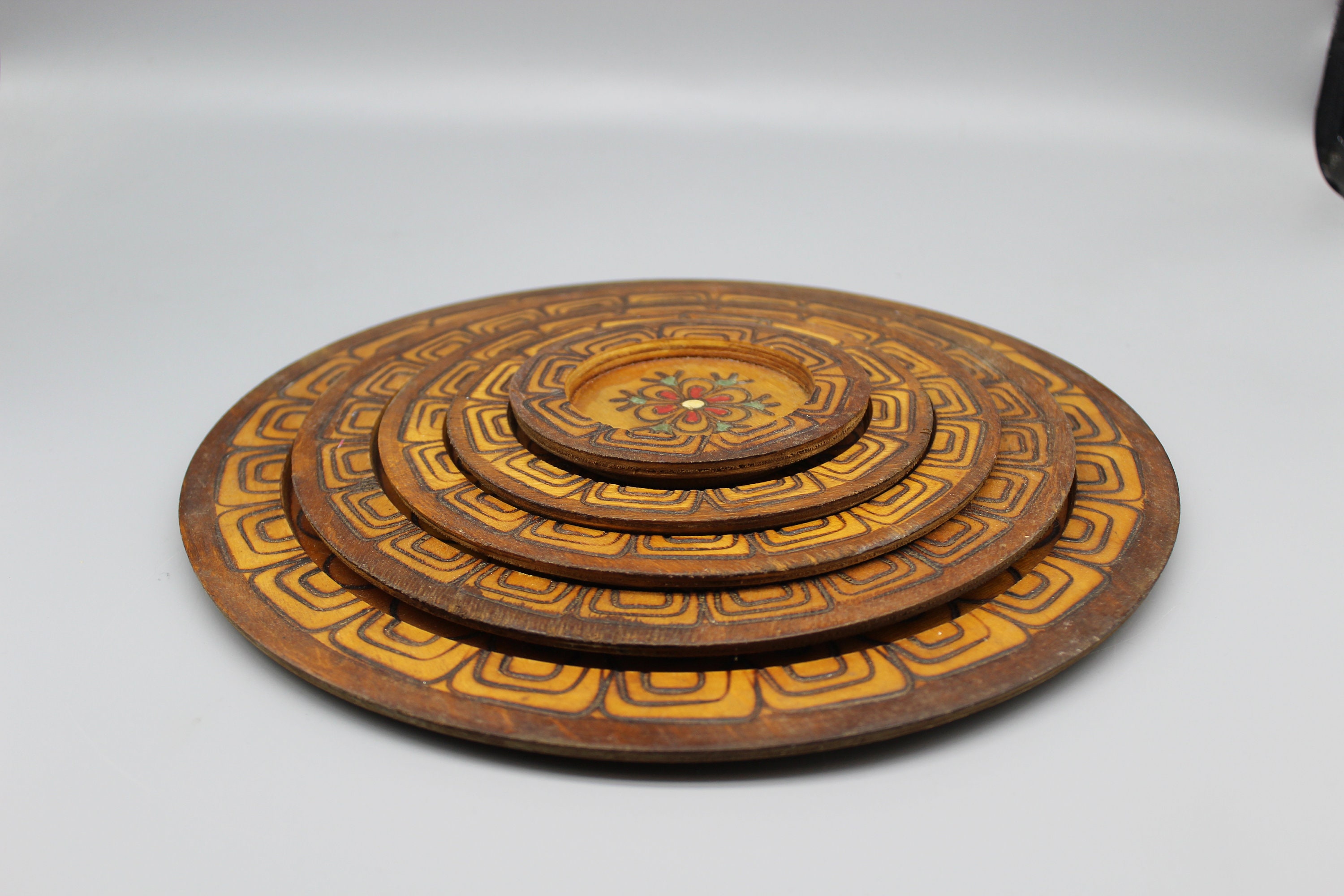 Set of Five Decorative Wooden Plates. Wood-carved Plates. Wall Decor ...