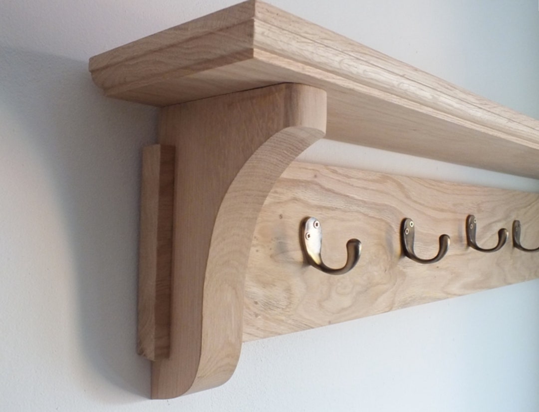 Solid Oak Shelf With Hanging Hooks: Rustic Coat Rack - Etsy
