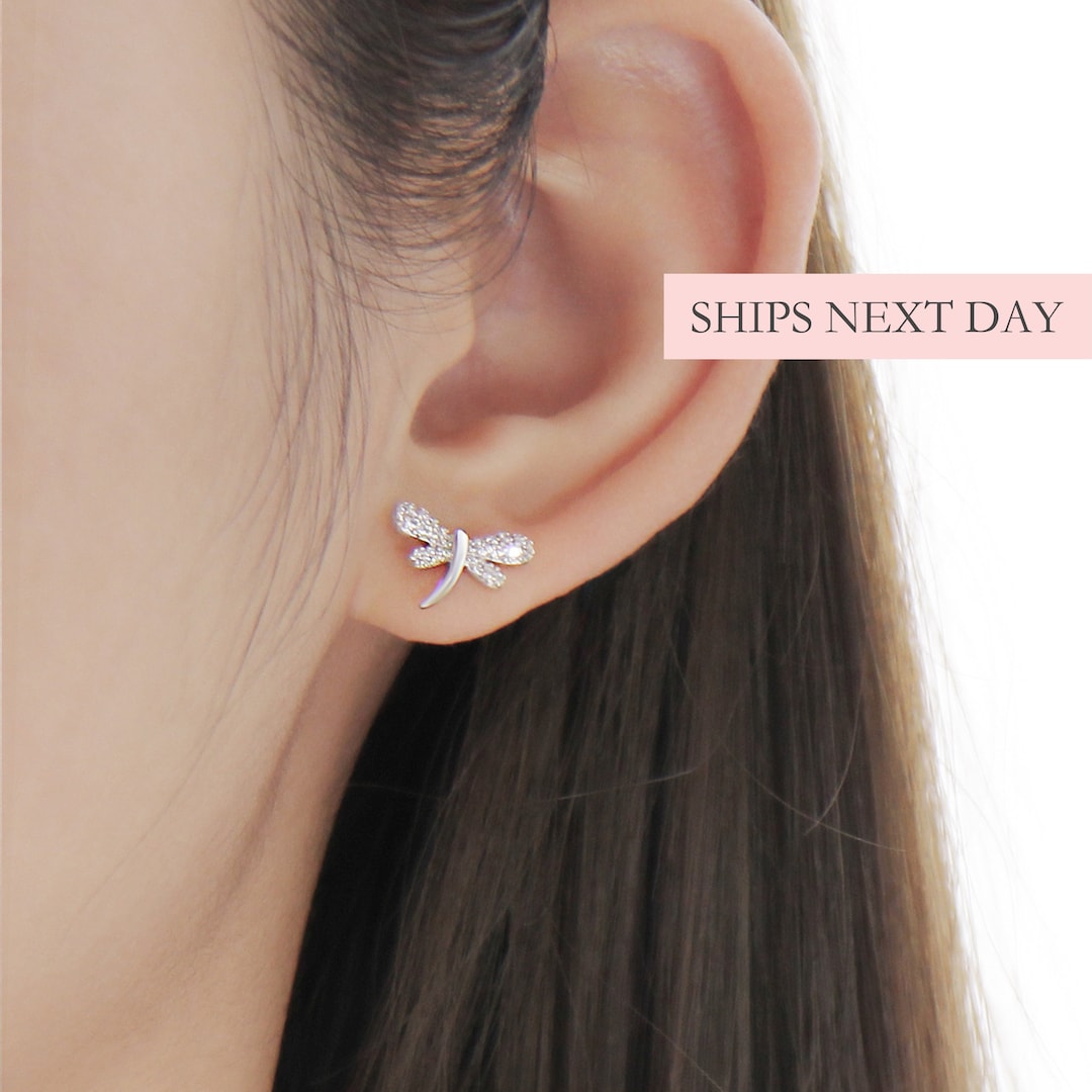 Dragonfly Earrings, 925 Sterling Silver Dainty Minimalist Dragonfly Bug Earrings Rose Gold ...