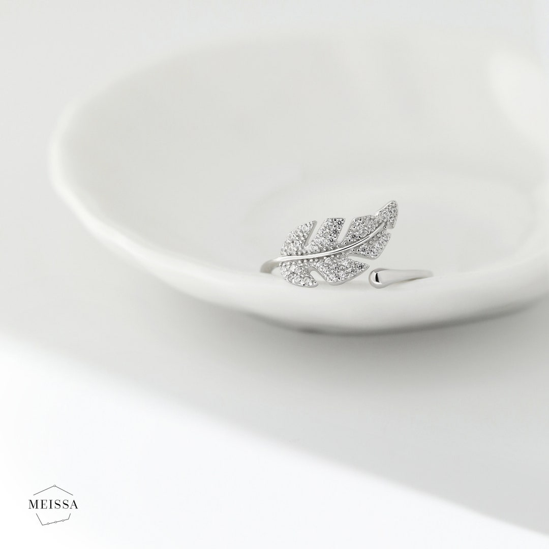 Elegant Leaf Diamond Ring, 925 Sterling Silver Classy Unique Delicate Minimalist Size Adjustable ...