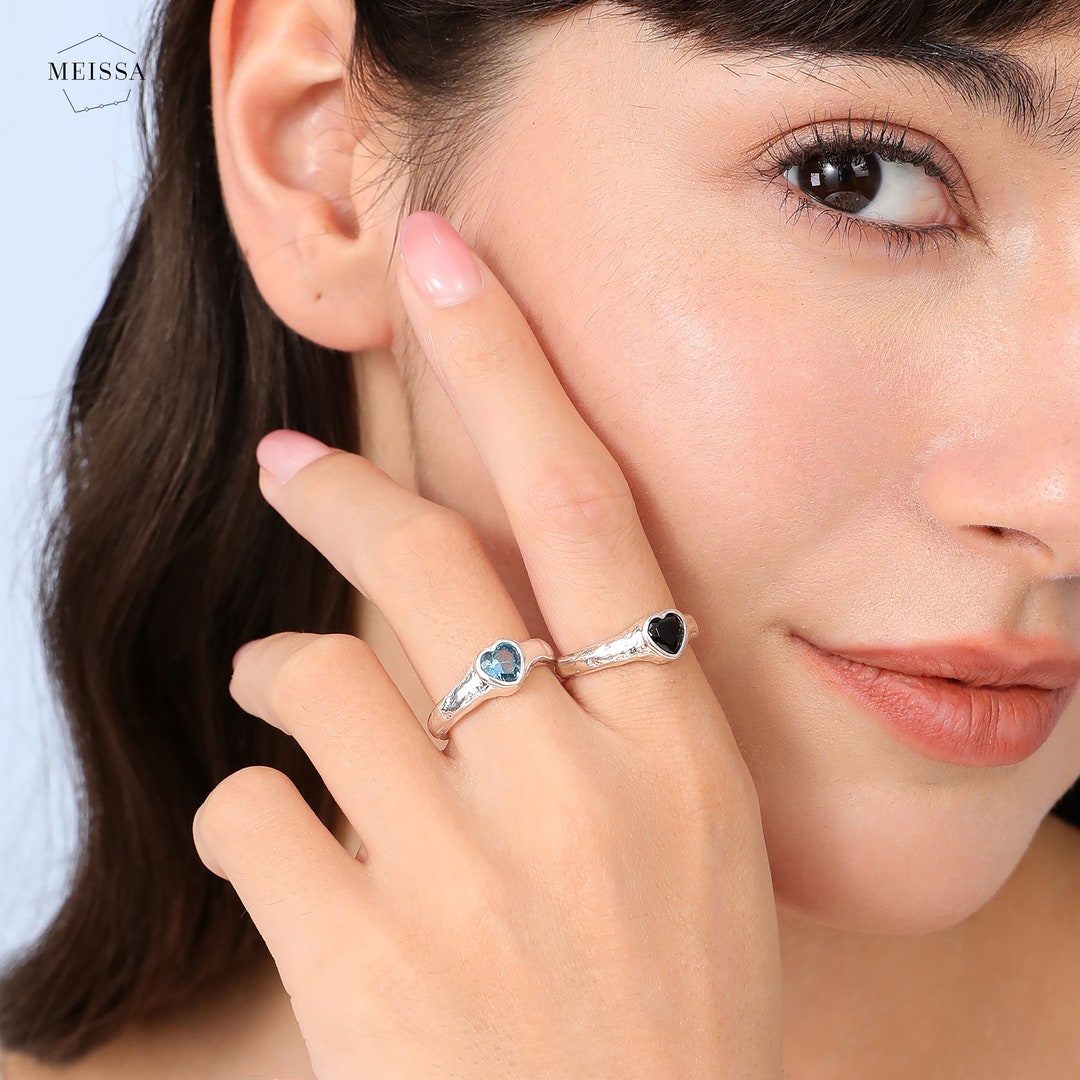 Mystic Heart Ring, Blue & Black Heart-shaped Gemstone 925 Silver Ring ...