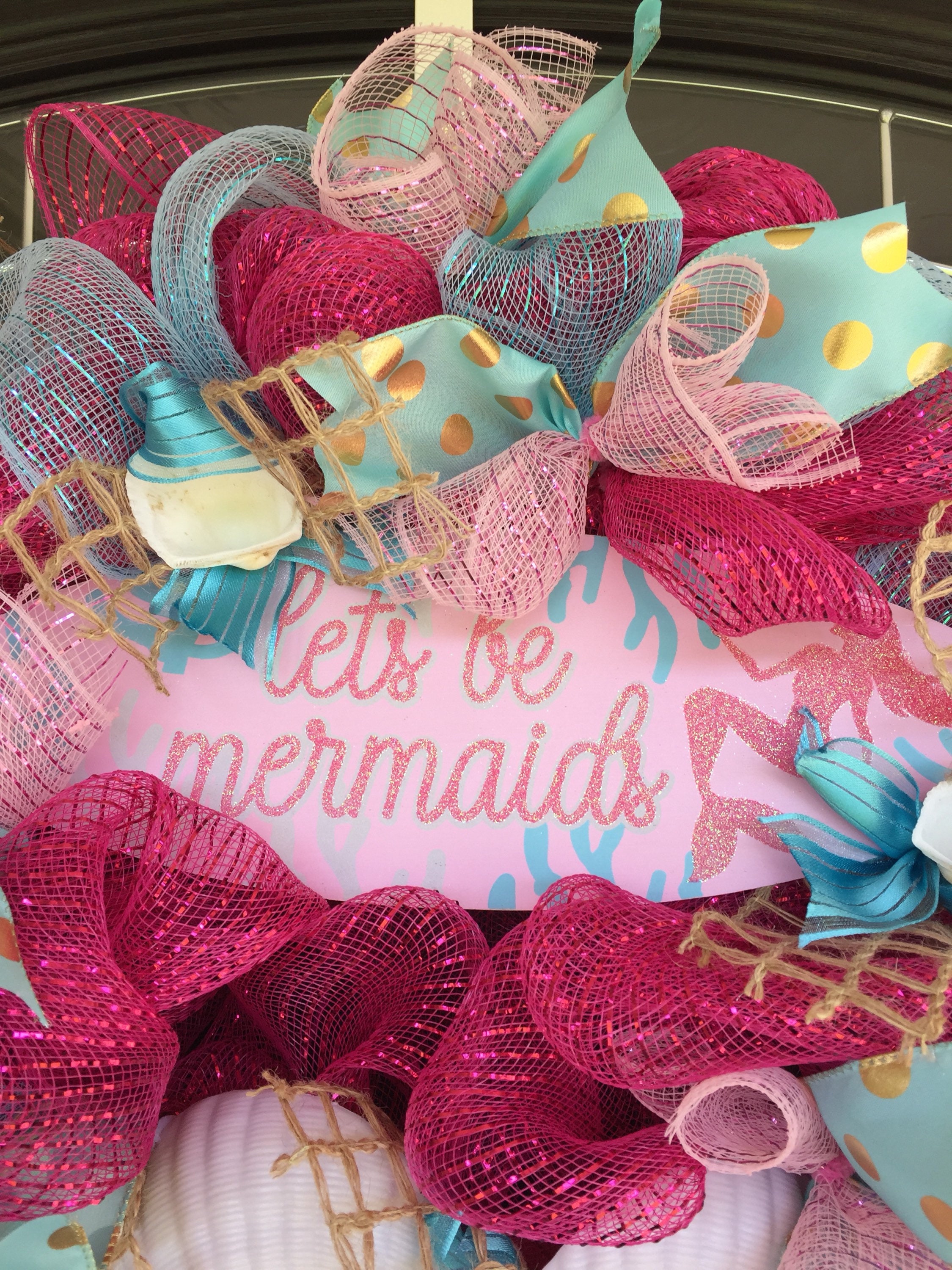 Mermaid Wreath, Tropical, Hot Pink, Aqua, White, Deco Mesh, Seashells ...