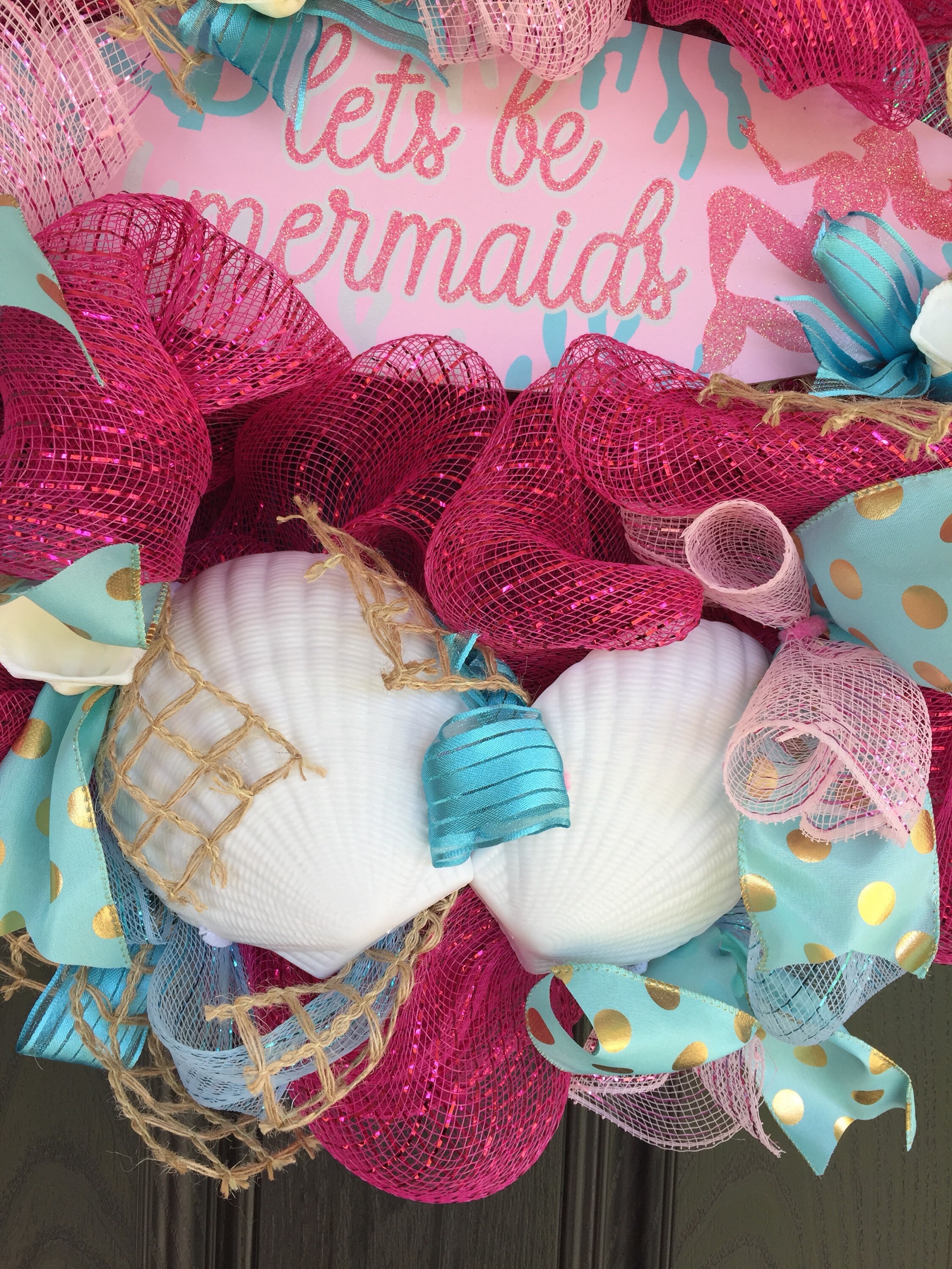Mermaid Wreath, Tropical, Hot Pink, Aqua, White, Deco Mesh, Seashells ...