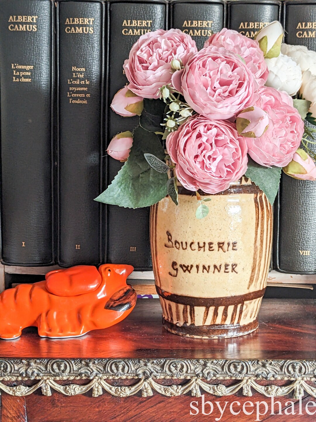 French Antique Butcher Advertising Pitcher, Yellow Glaze Pottery Vase ...