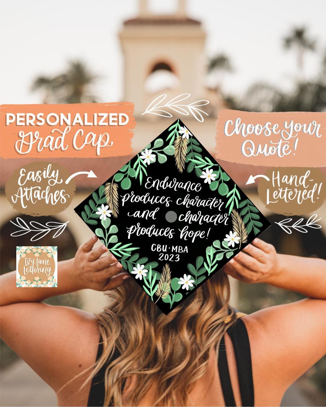 Custom Grad Cap Topper | Boho Greenery Design | Graduation Cap | Class ...