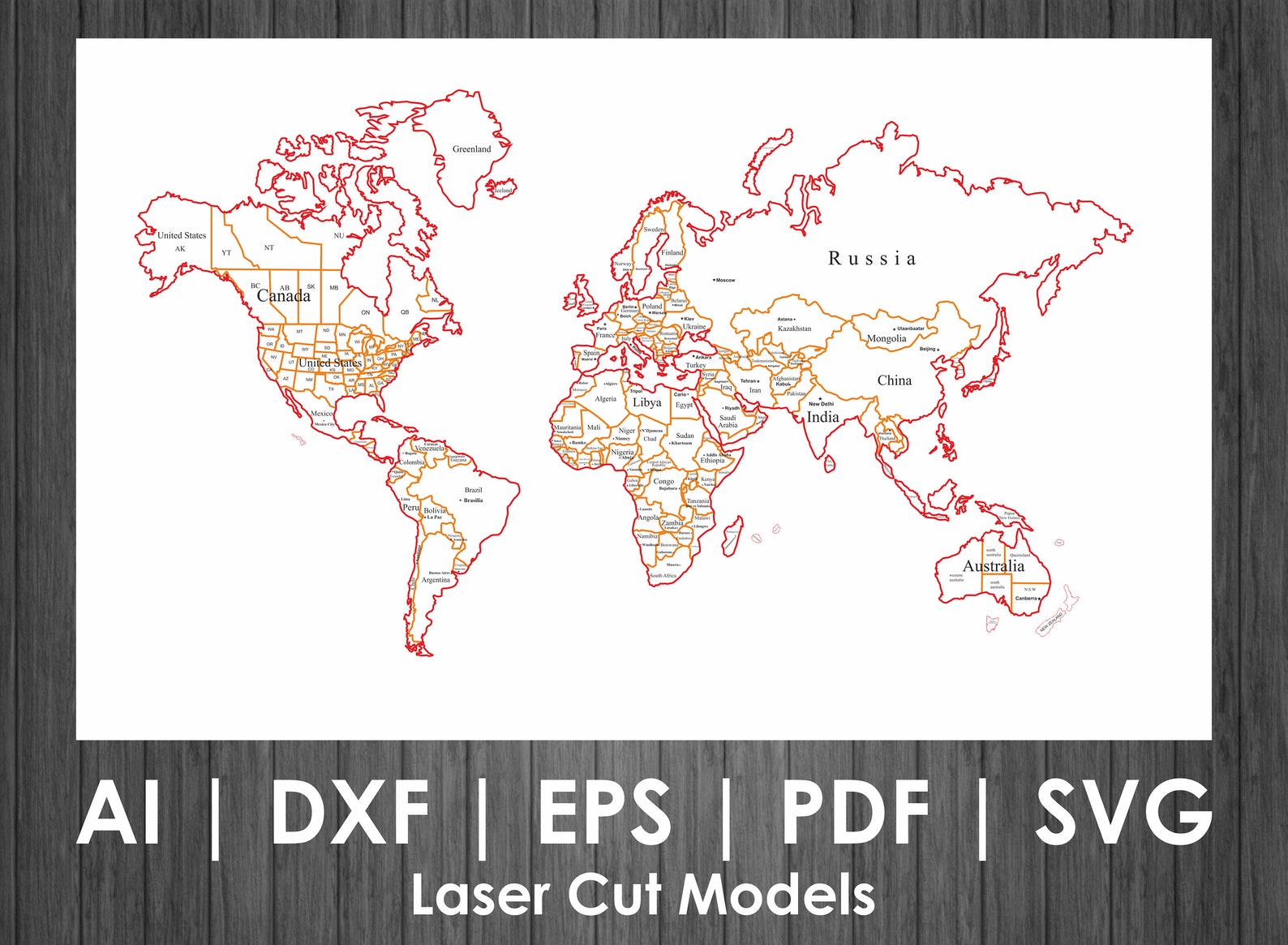 World Map With Capitals, World Map SVG, World Map CDR, Laser Cut World ...