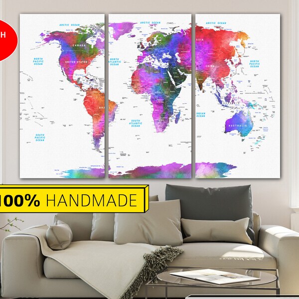 World Map Canvas Full Color - Etsy