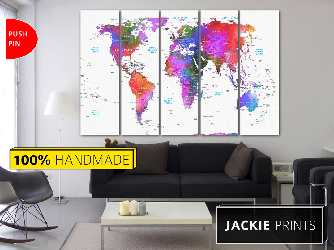 Colorful World Map Print on Canvas Push Pin World Map Poster - Etsy