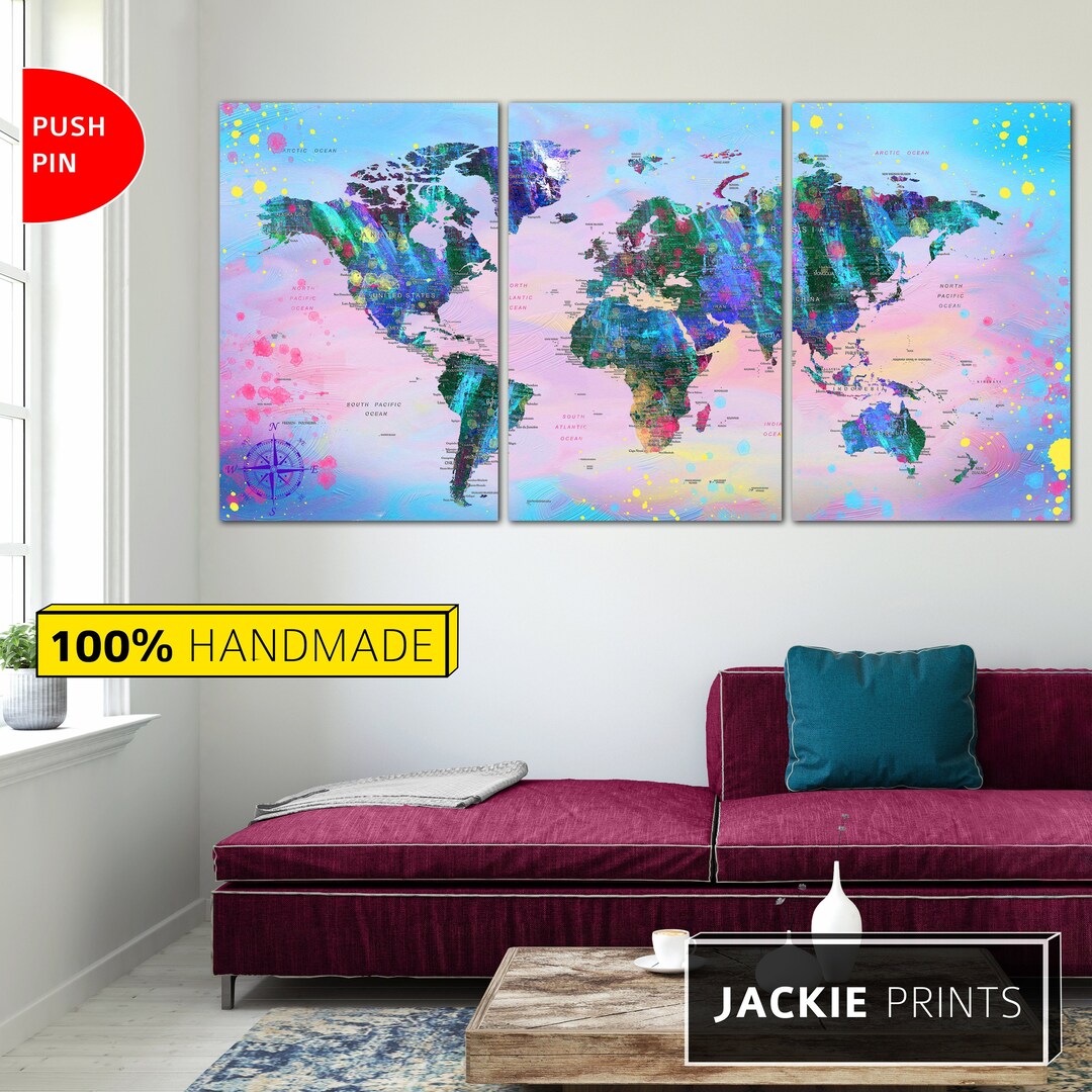 Push Pin Colorful Map of the World Canvas Wall Art World Map - Etsy