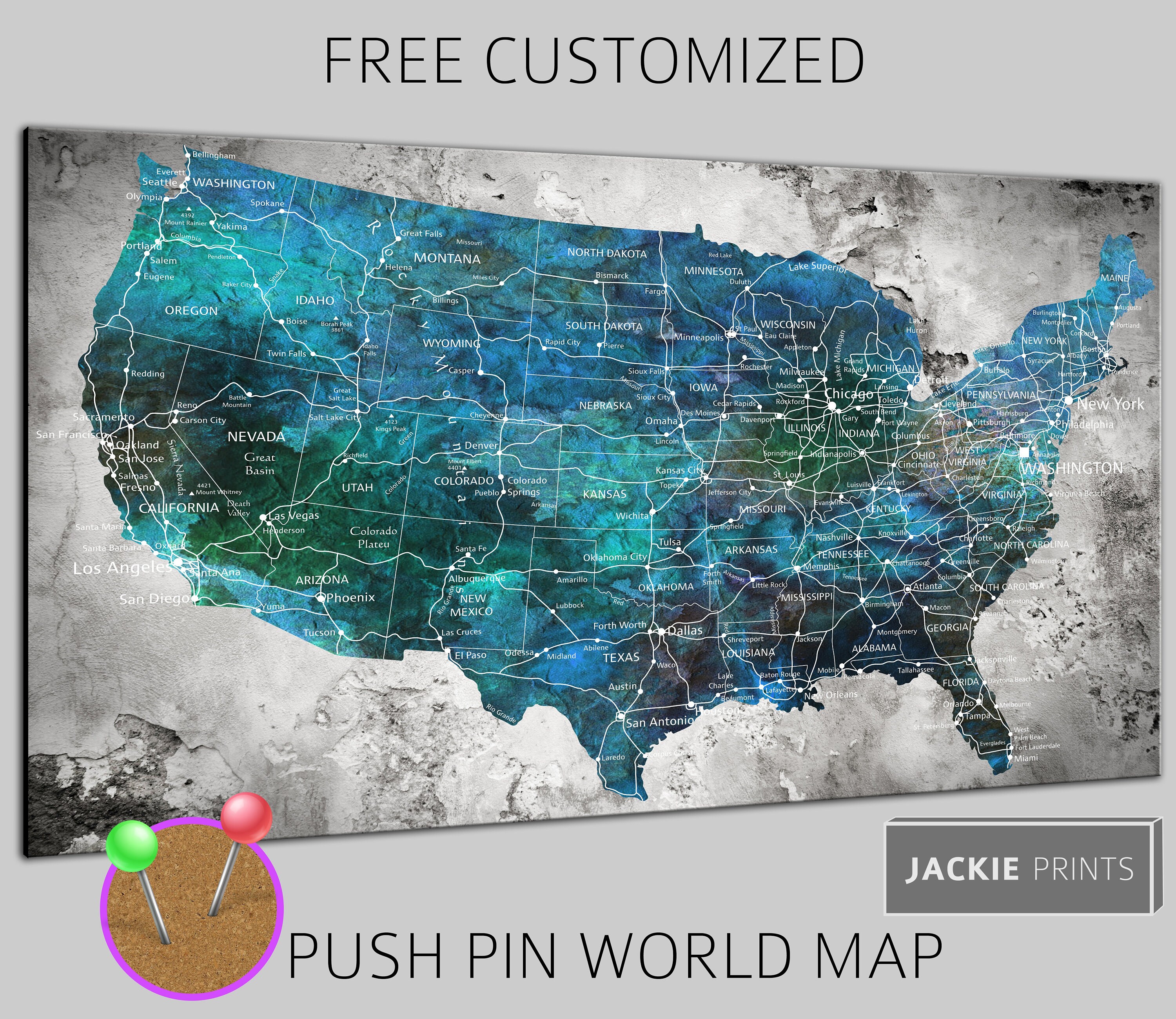 Turquoise USA Map Canvas Wall Art Push Pin Map of USA Texture - Etsy UK