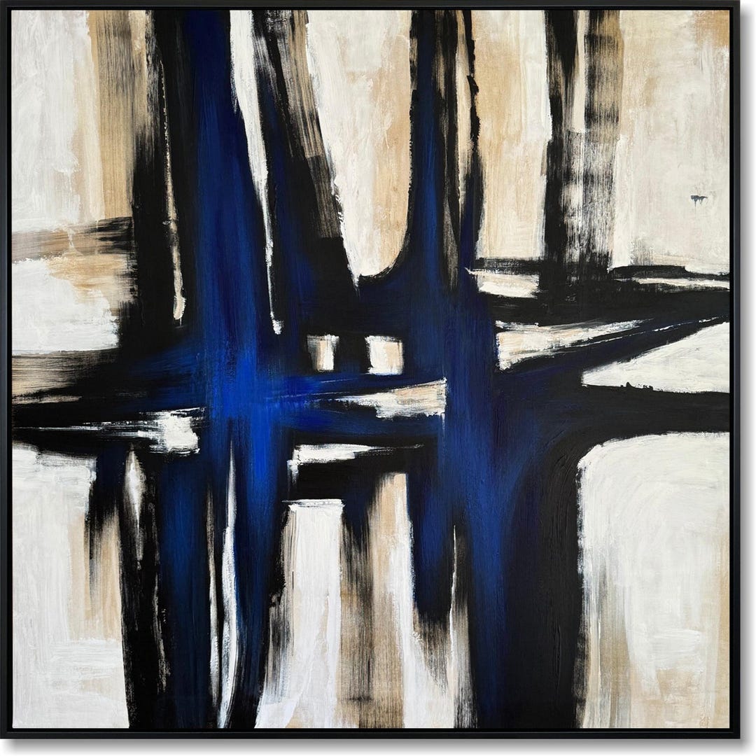 Abstract Blue Art Black and White Painting Modern Large Canvas Art ...