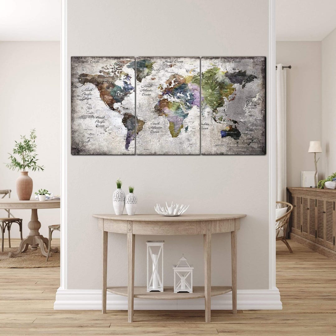 Large Abstract Colorful Map Canvas Wall Art Colorful World Map Moder ...
