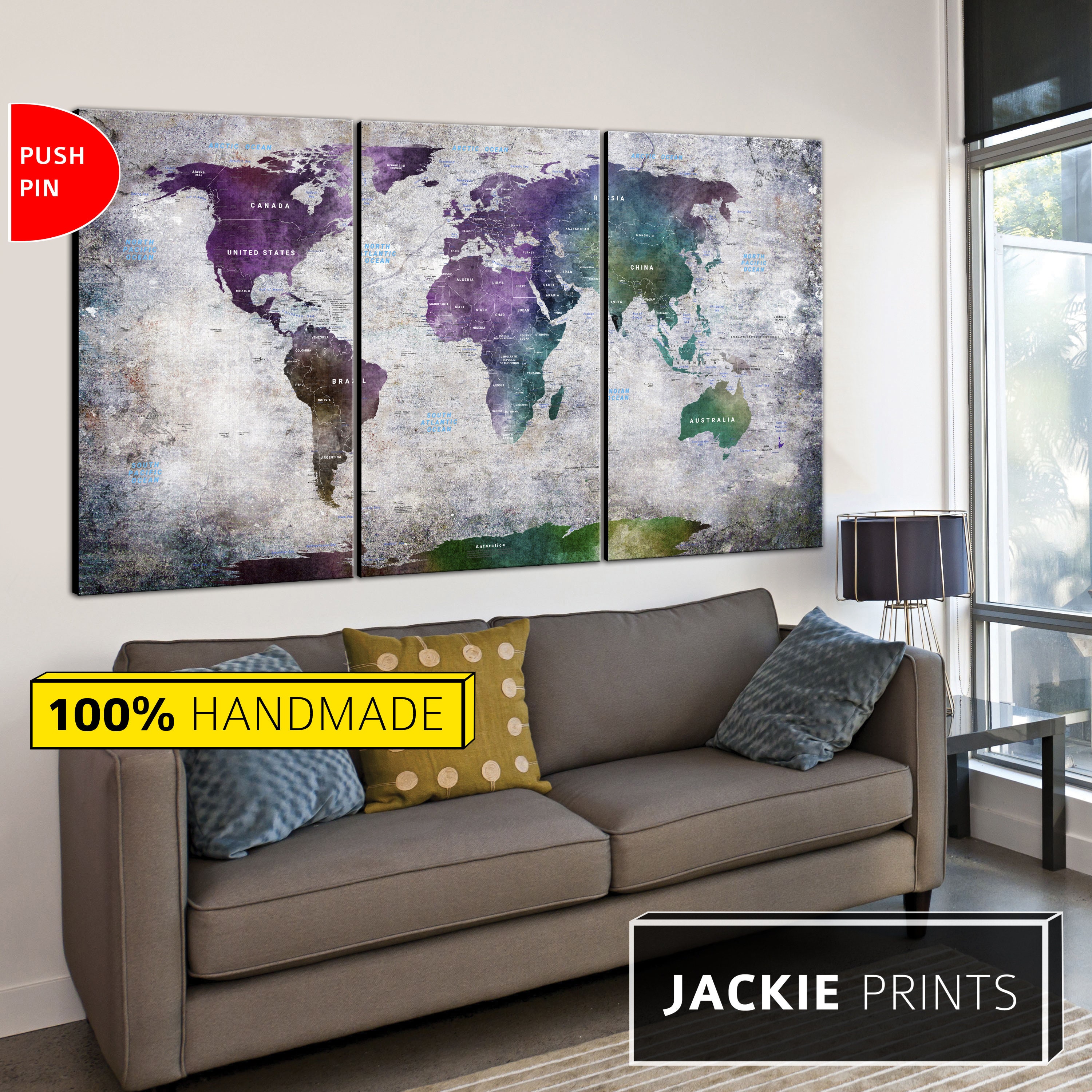 World Map Wall Art Push Pin Map of the World Multi Panel Print - Etsy