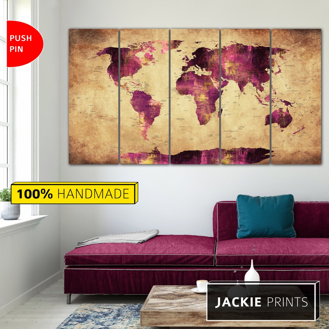Colorful World Map Print on Canvas Push Pin Travel Map of the - Etsy