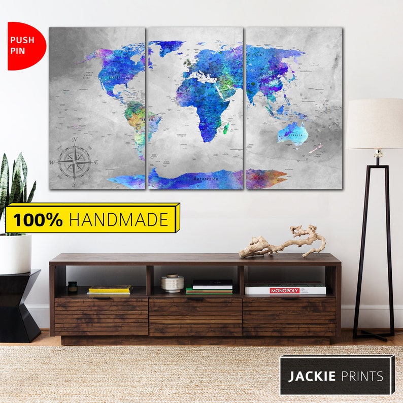 Blue Map Colorful World Map World Map Canvas Wall World Map - Etsy