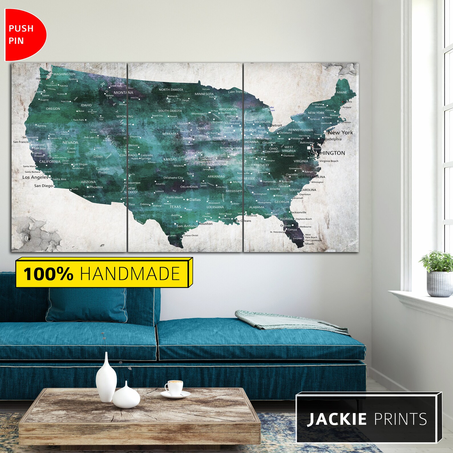 Turquoise Map Map Canvas United States Map Blue Color Map | Etsy