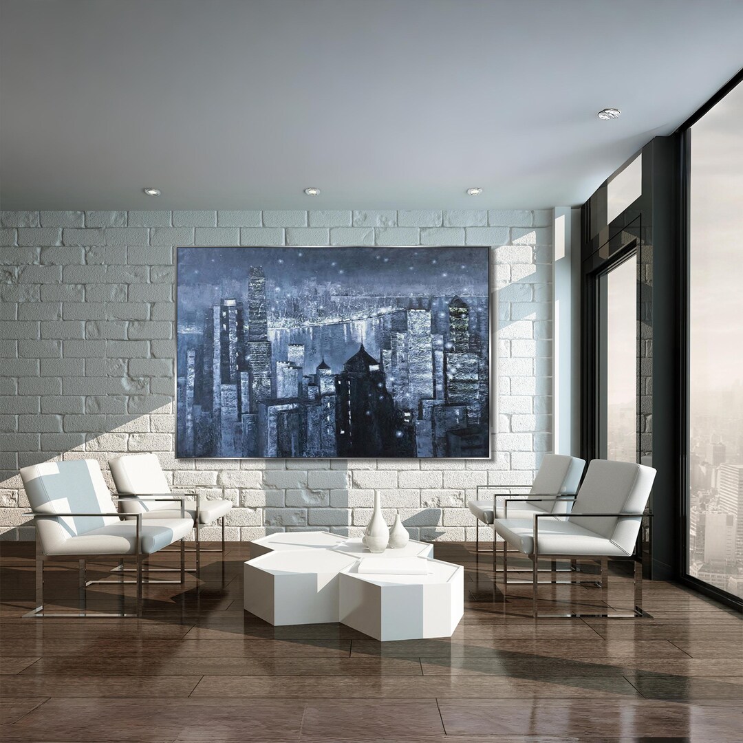 Large Blue Cityscape Painting, Modern Skyline Canvas Wall Art, Urban ...