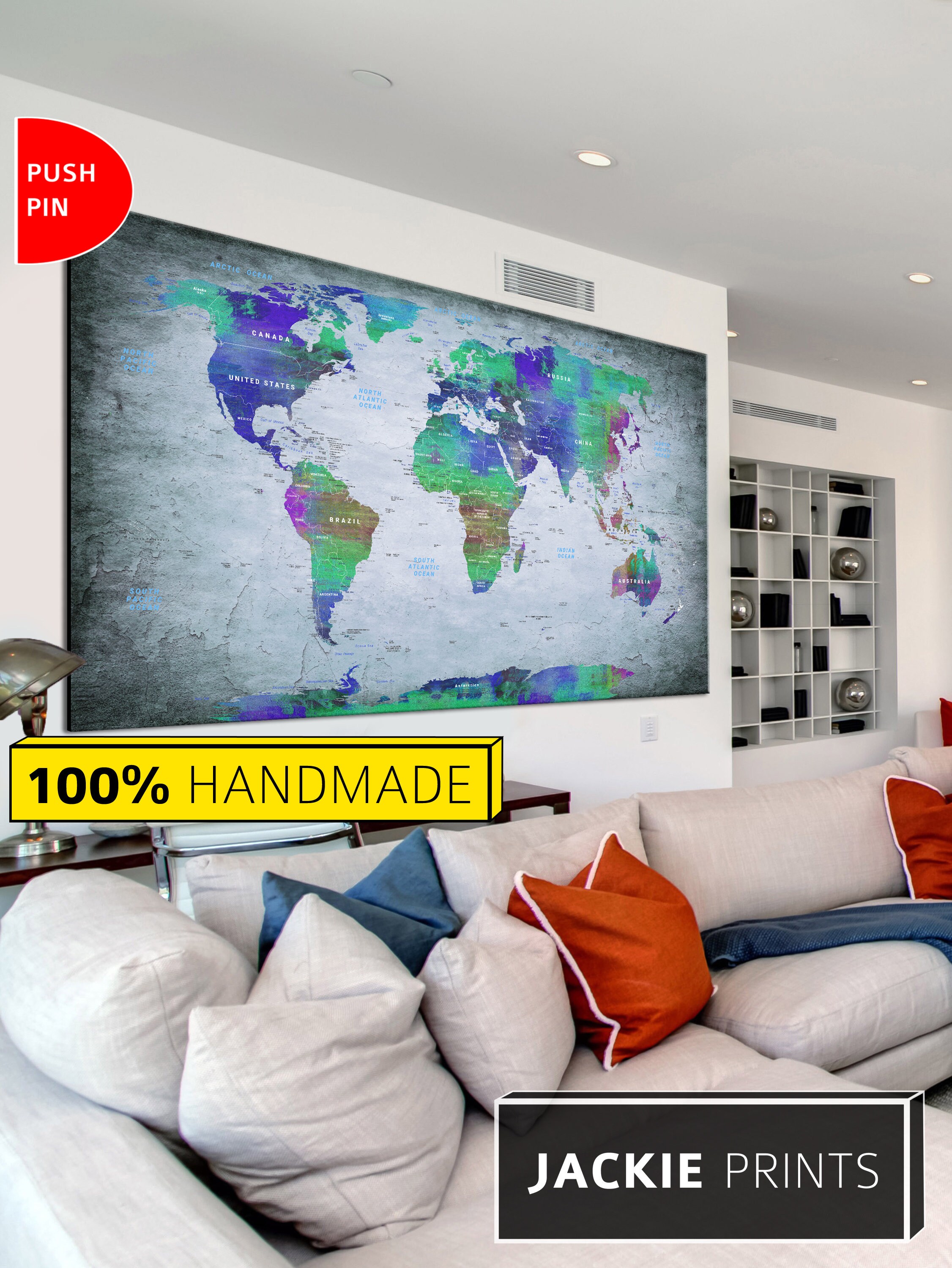 Push Pin Canvas Map World Map Print Large World Map Map Push | Etsy