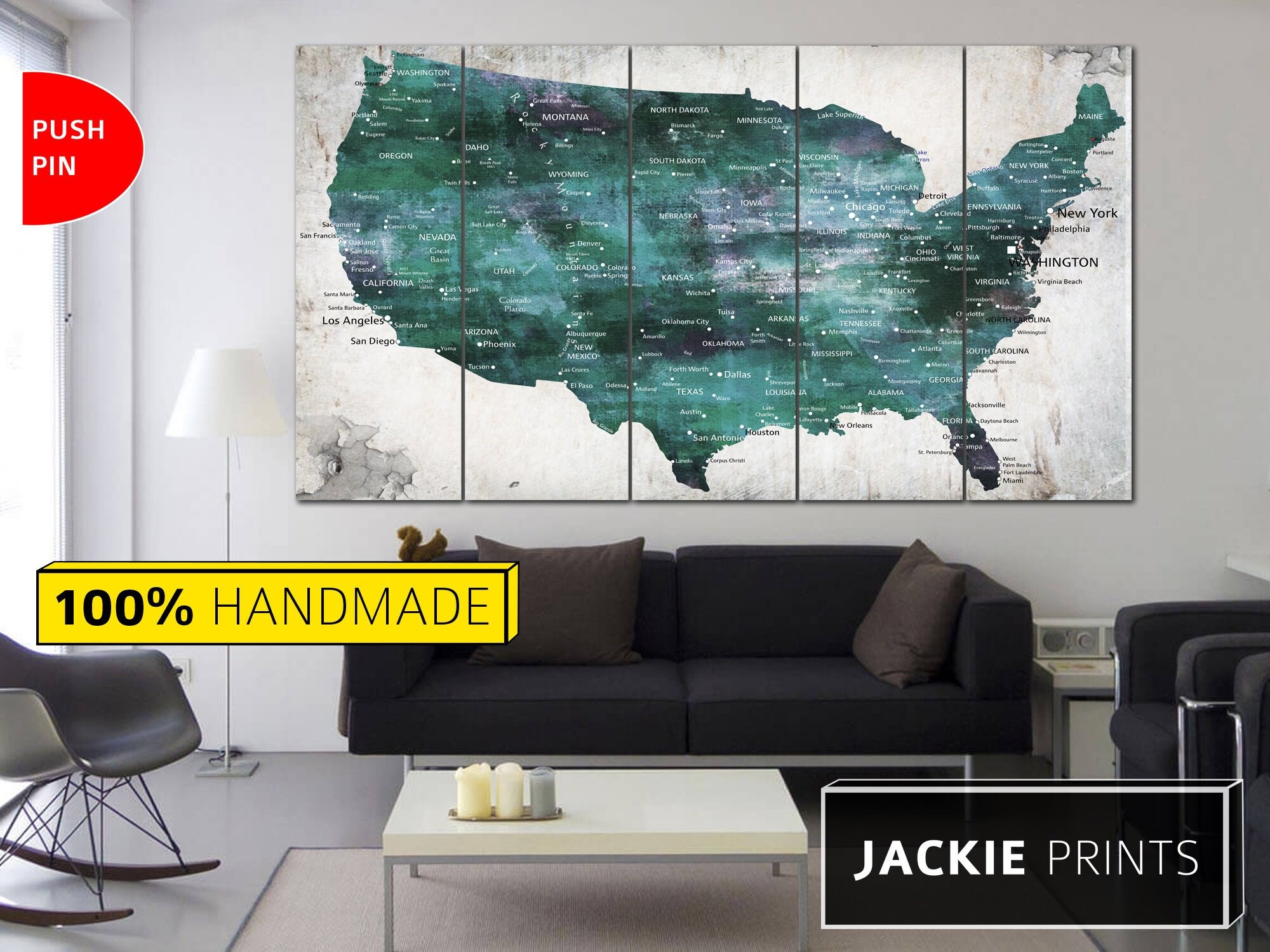 Turquoise Map Map Canvas United States Map Blue Color Map | Etsy