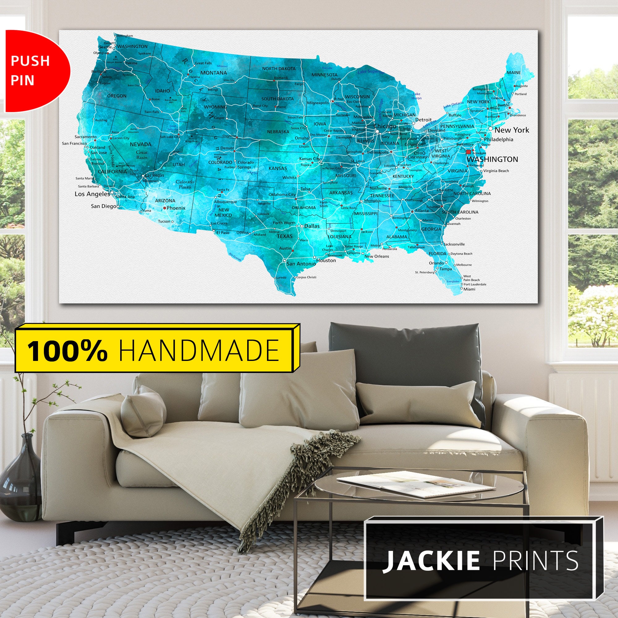 Push Pin USA Map Push Pin Map Print Blue Map Wall US Map - Etsy