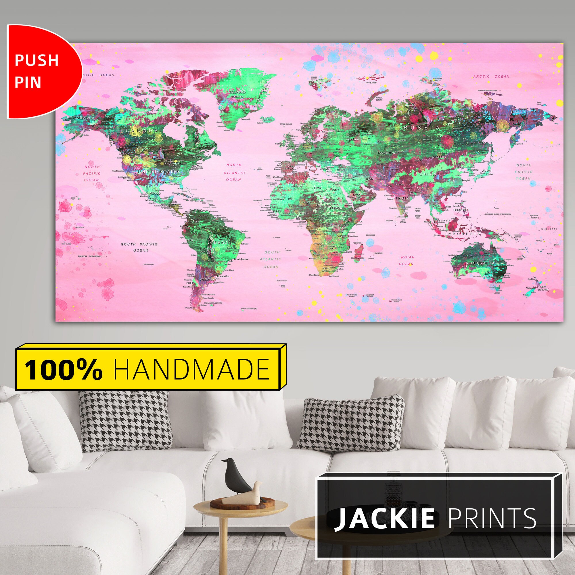 Pink World Map Colorful Map Push Pin World Map Map of the | Etsy
