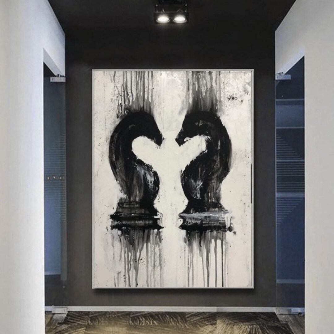 Large Abstract Black and White Chess Painting on Canvas Textured Canvas ...