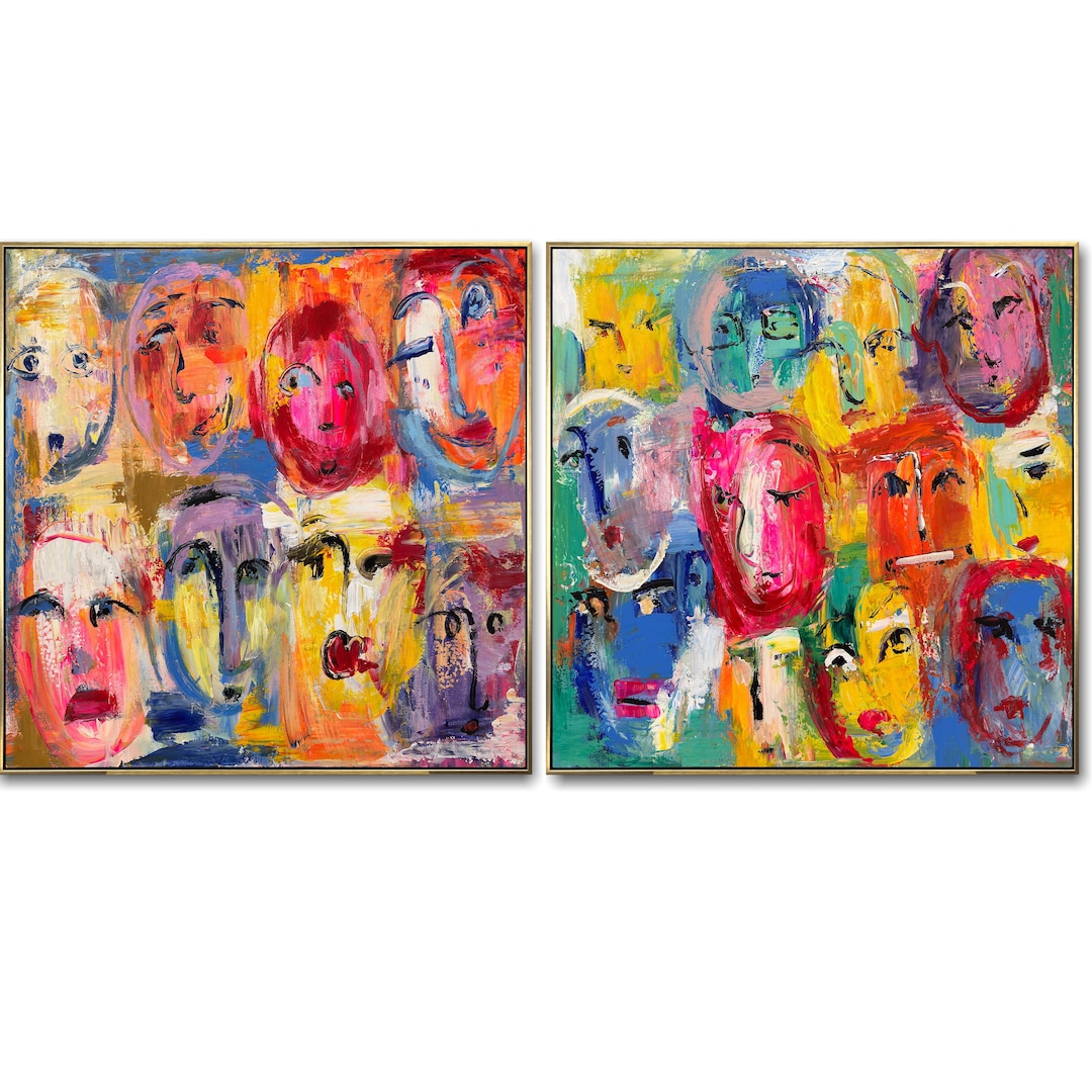 Large Abstract Face Set of 2 Paintings on Canvas Vibrant Expressionist ...