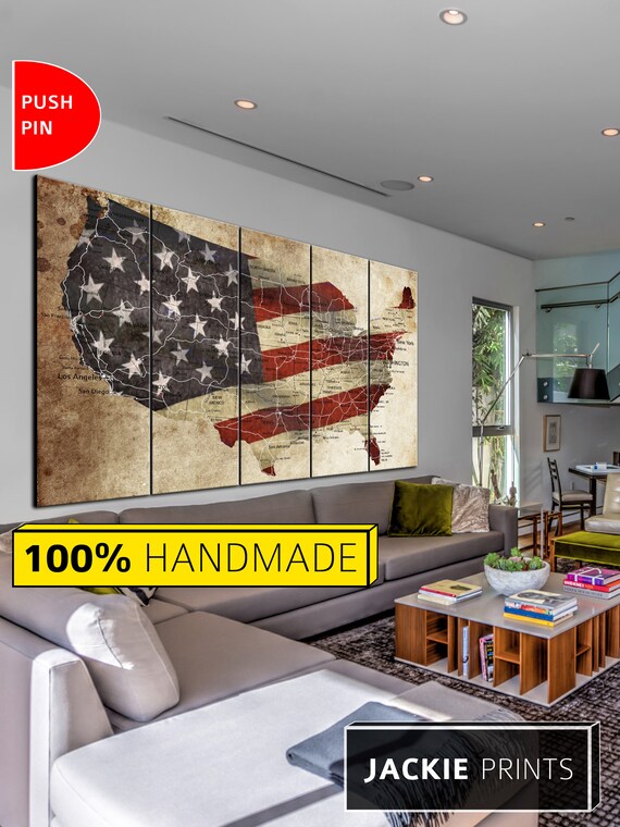USA Map Wall Art States Flags Of USA Map Multi Panel Print Wall Decor ...