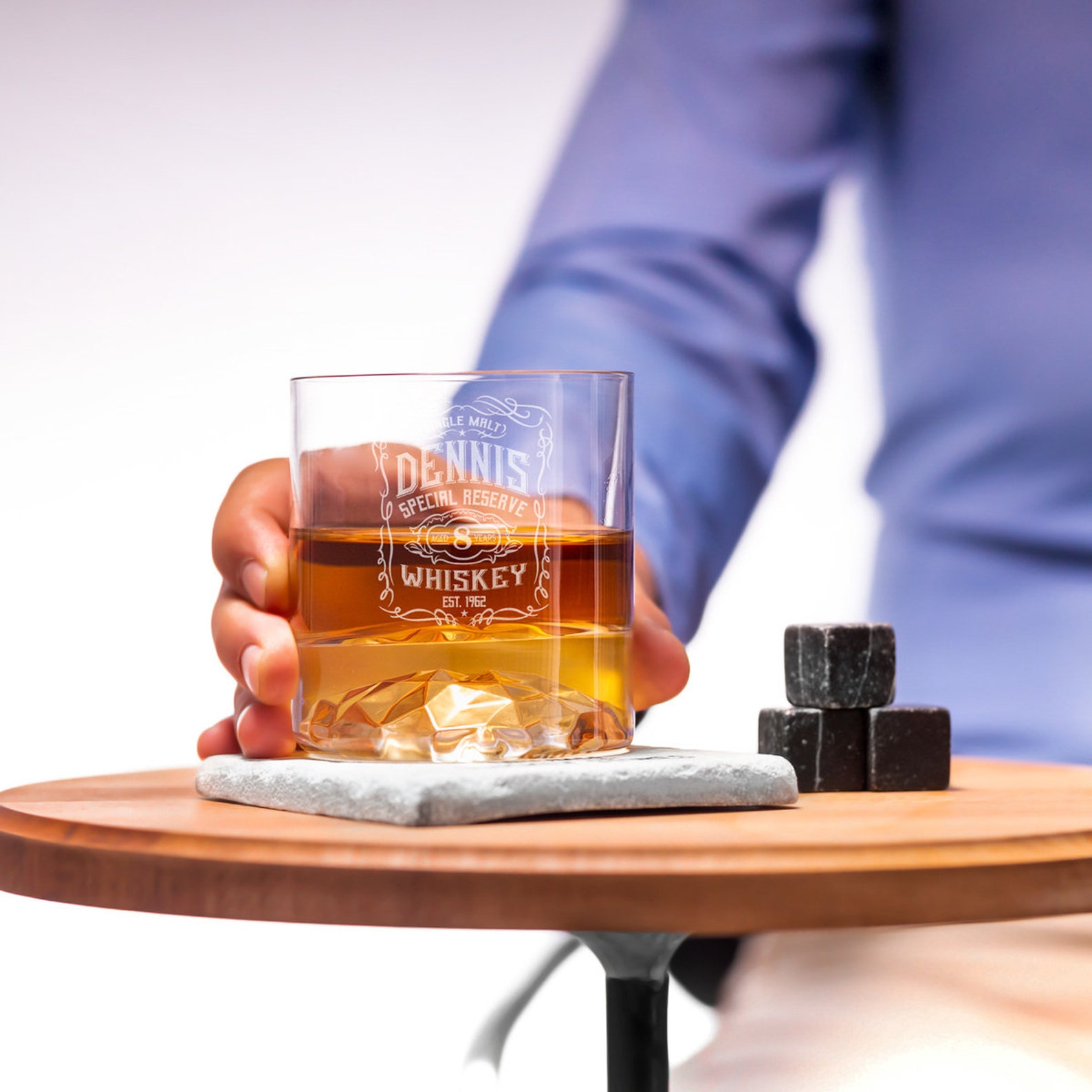 Personalized Whisky Glass Set With Whiskey Stones and Wood | Etsy UK