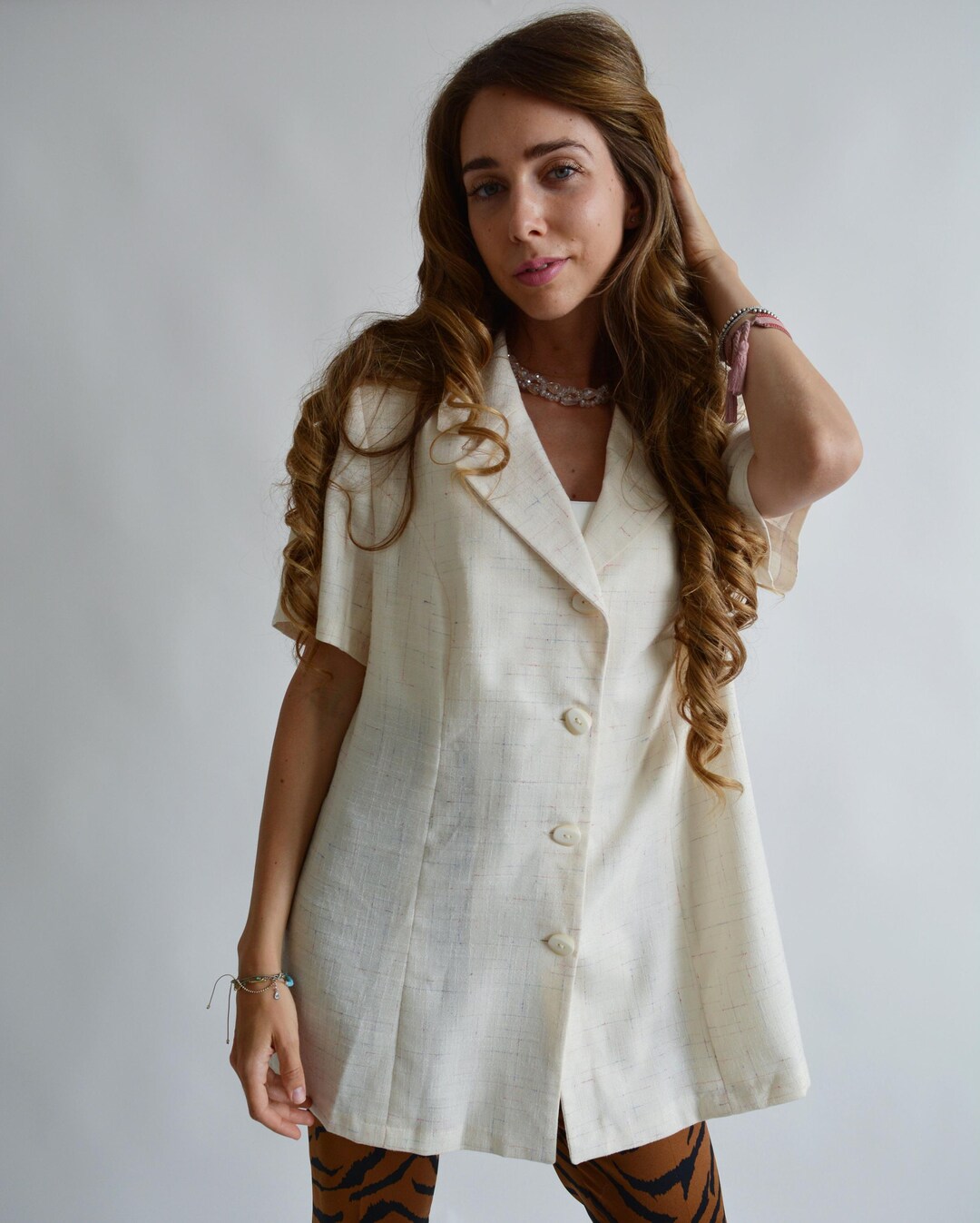White Retro Geometric Blazer Vintage Ivory Blazer Buttoned Padded ...