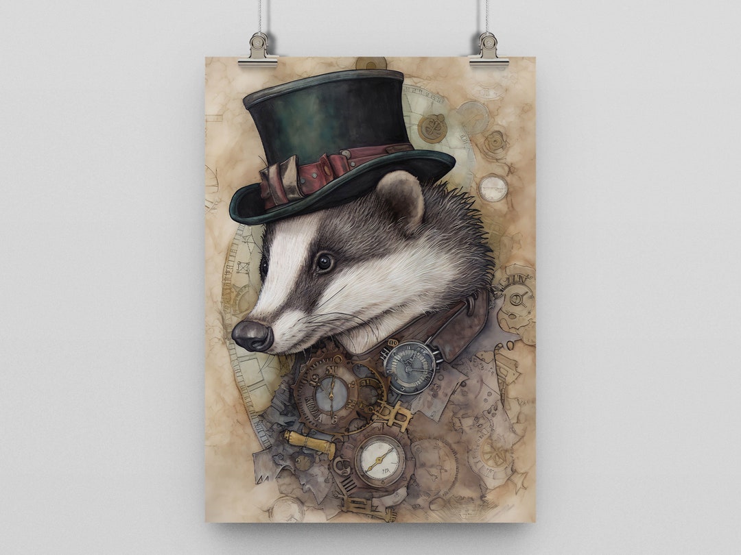Steampunk Badger | Mixed Media Style Print | Poster | Print | Home Art ...