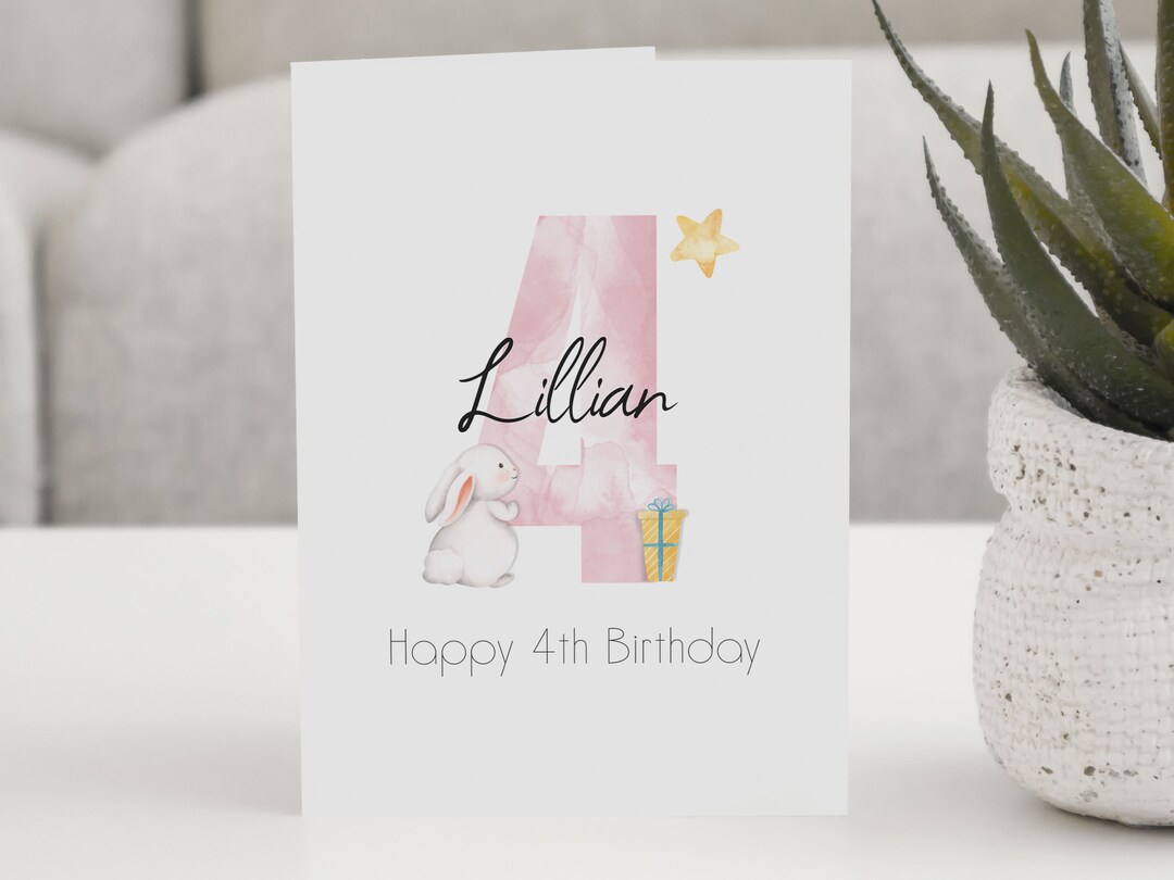 Happy Birthday 4th Birthday Personalised Name Greeting Card Bunny Card ...