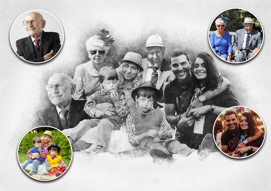 Family Portrait Combine Photos Into Custom Pencil Sketch Family Friends ...