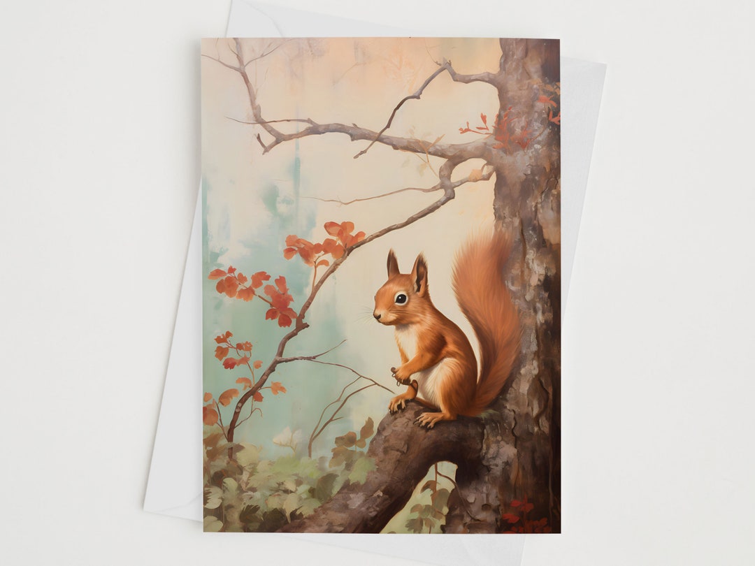 Squirrel Art Greeting Card Wildlife Art Midcentury Art Animal Lover Birthday Card Autumn Art ...