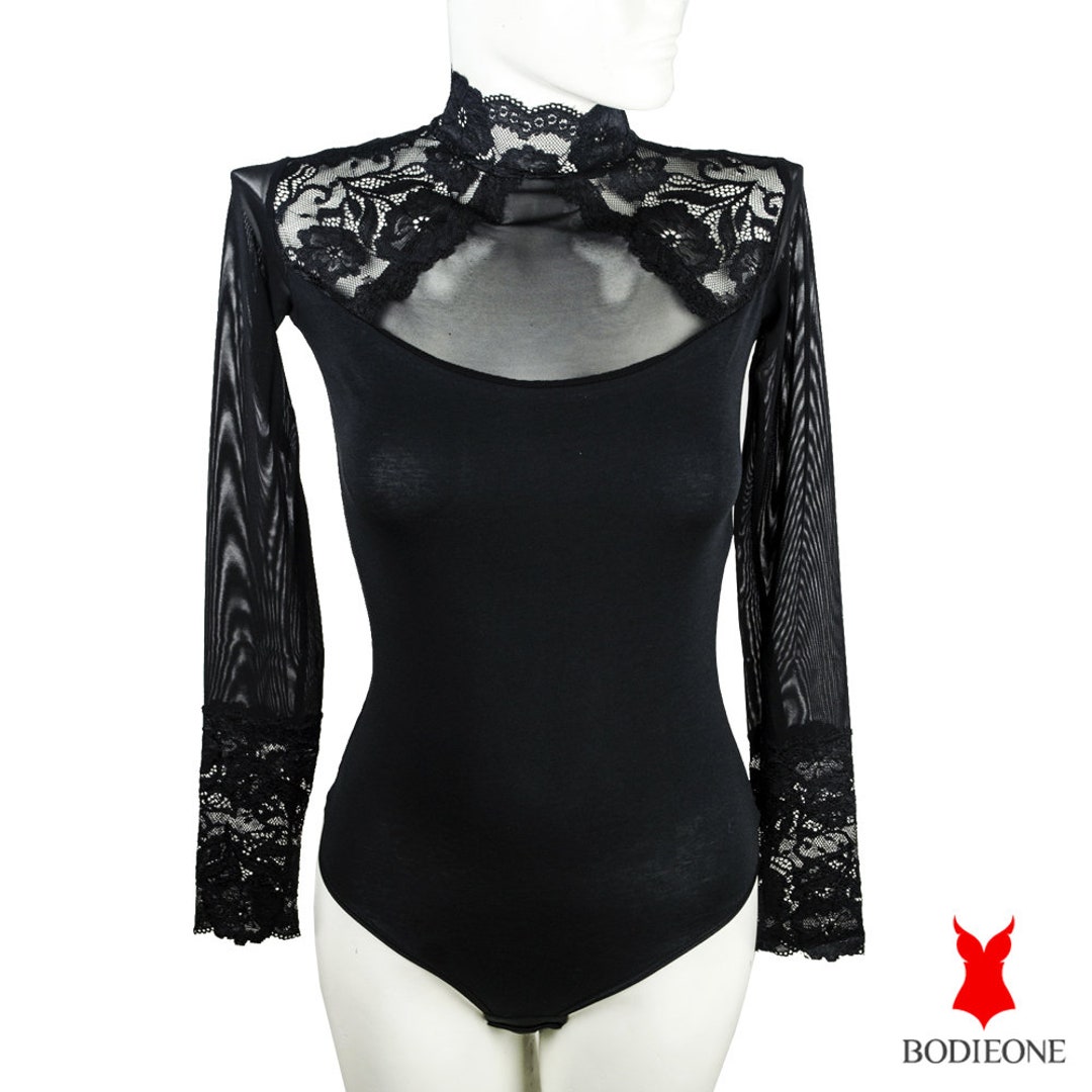 Long Sleeve Lace Bodysuit Top Blouse , Leotard , Turtleneck Body Style ...