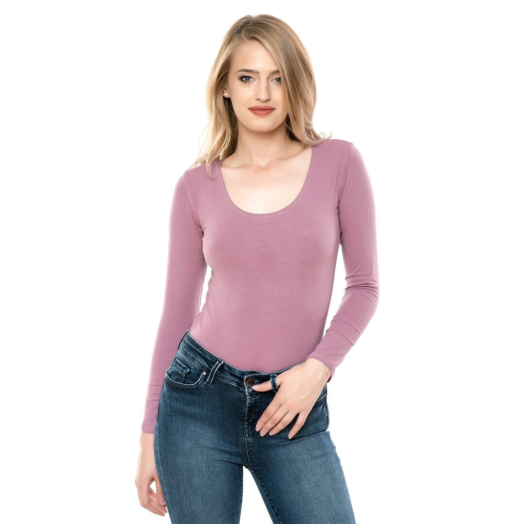 Women Bodysuit Long Sleeve Body Suit Top Blouse Scoop Neckline Bodie ...