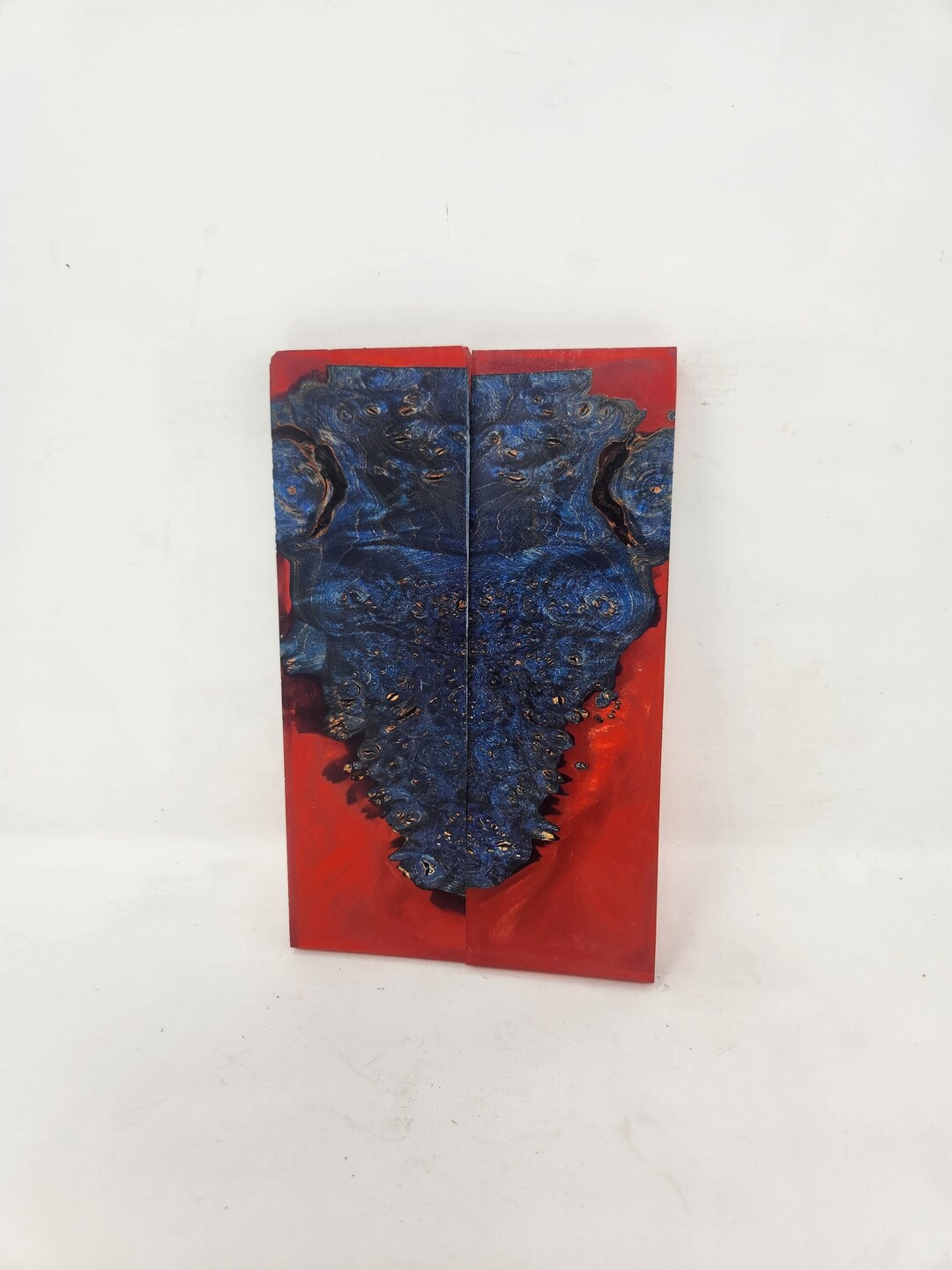 Pair of Hybrid Stabilized Blue Dyed Big Leaf Maple Burl With Bright Red Alumilite Resin Knife ...
