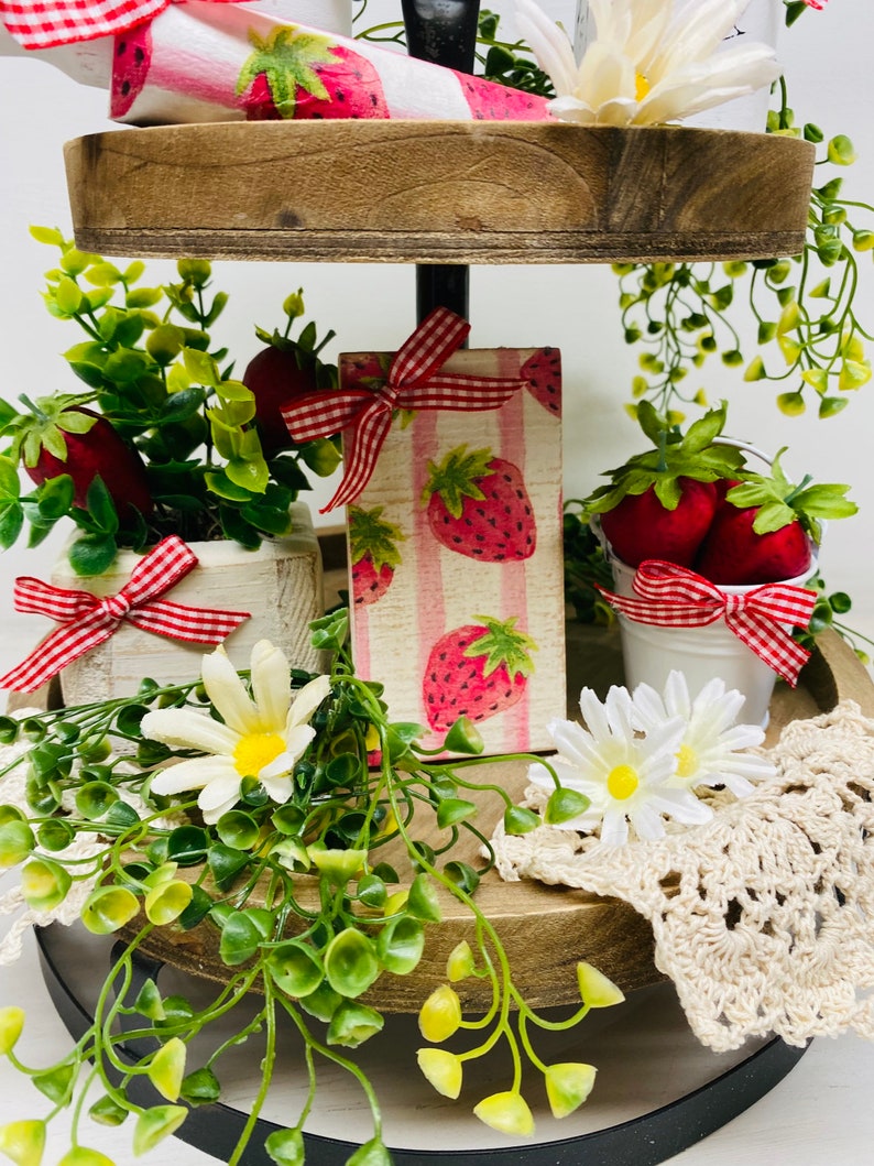 Strawberry Tiered Tray Decor | Summer Farmhouse Kitchen Decor | Faux ...