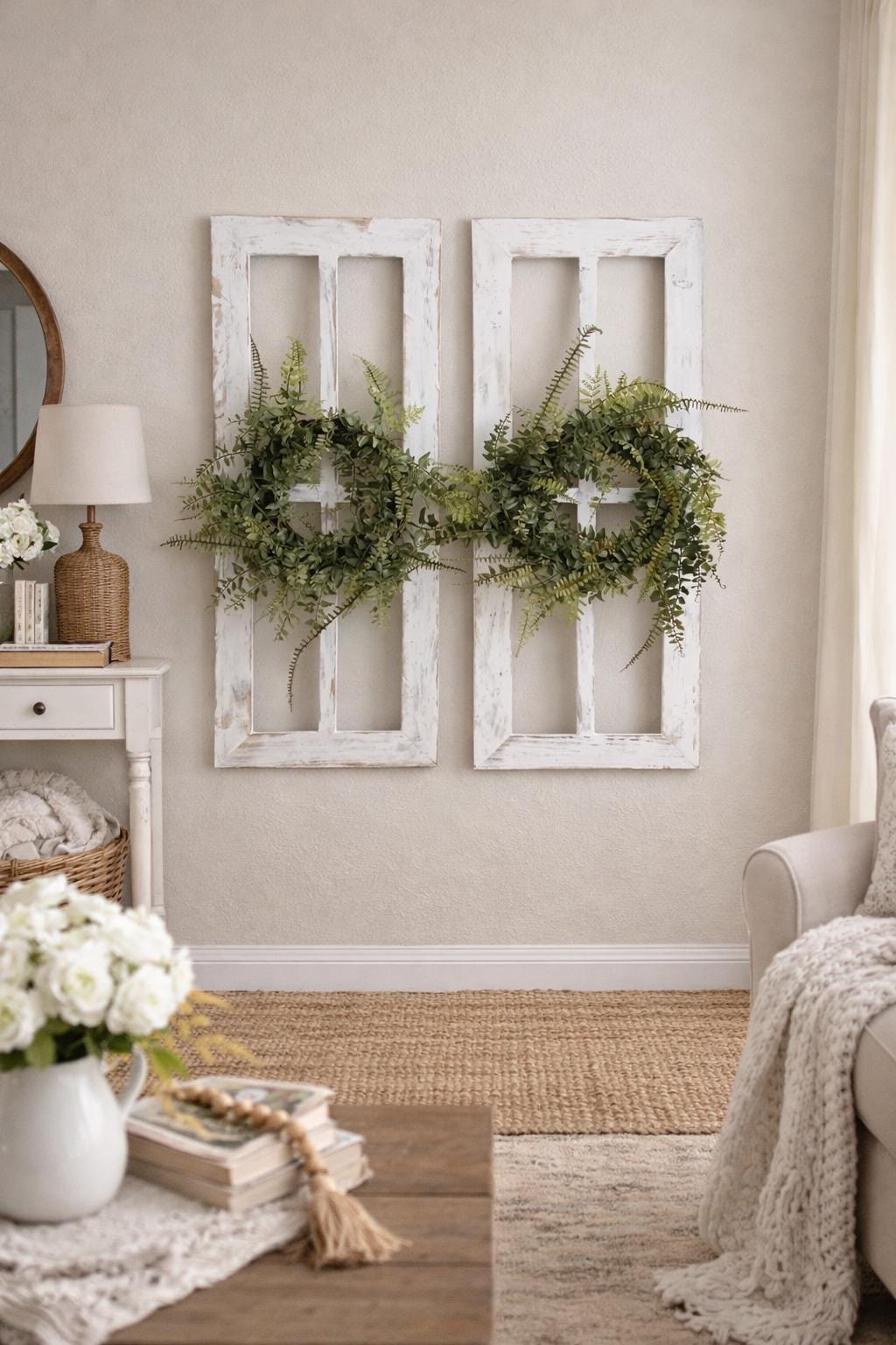Set of Two Rustic Window Frames | Wall Decor With Greenery Wreaths ...