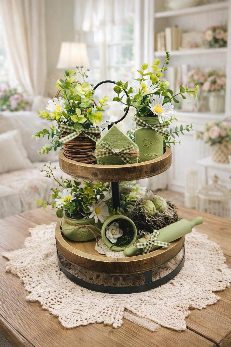 Cottagecore Tiered Tray Decor | Farmhouse Two Tier Tray | Cottage ...