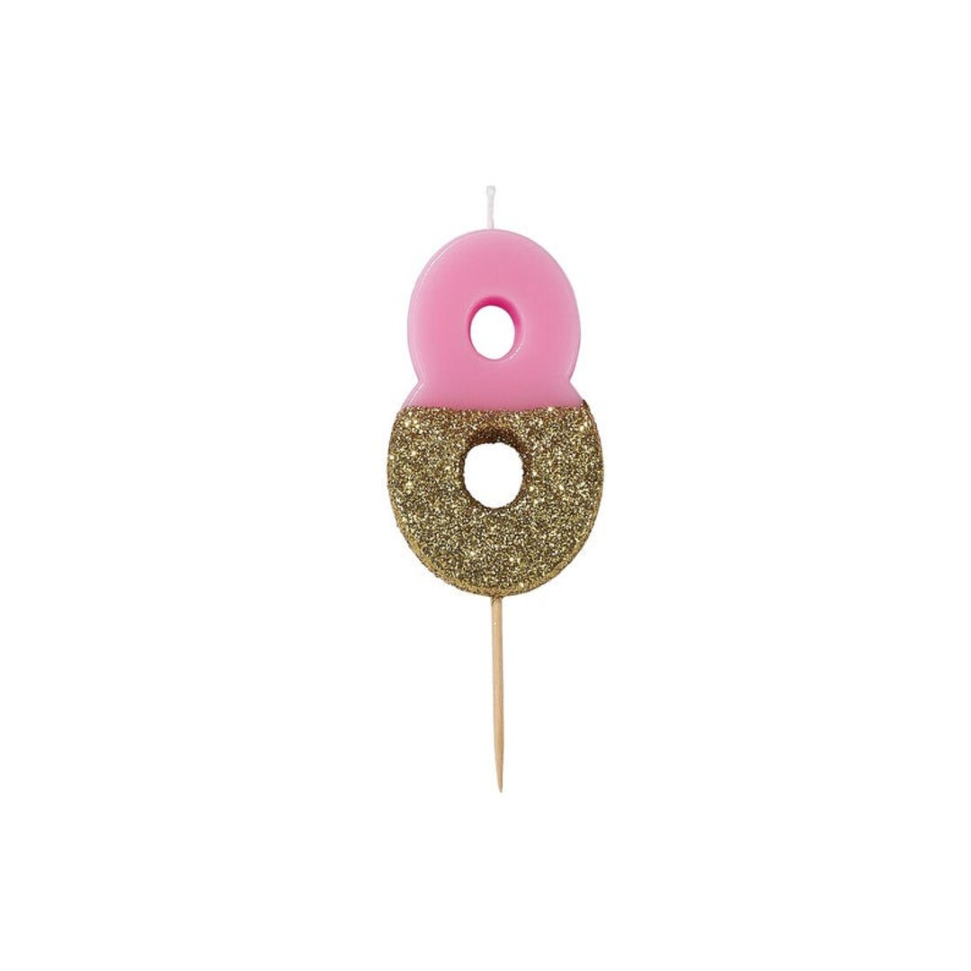 Eight Candle , Birthday Candle, Pink and Gold Party Supplies, Number 8 ...