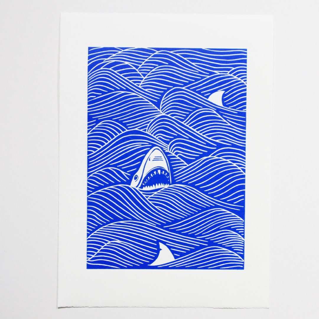 Shark. Original Linocut Print in Blue Ink. - Etsy