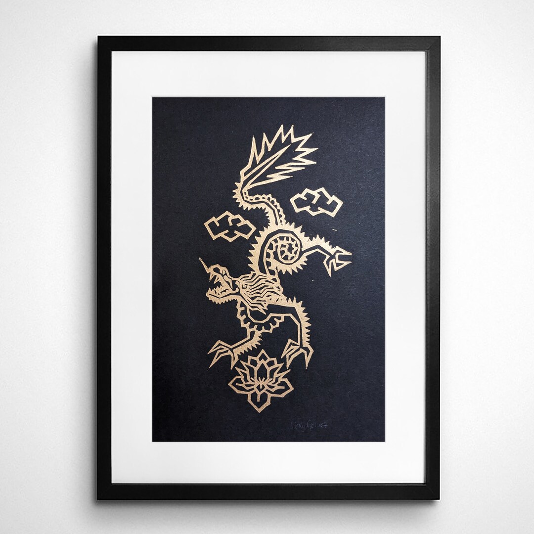 Dragon Original Linocut Print in Gold - Etsy